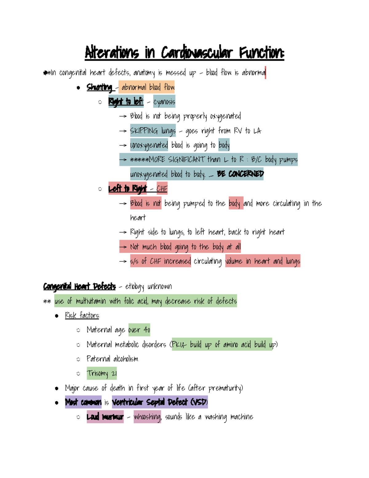 9-20-23 Lecture Notes - Alterations in Cardiovascular Function: **In ...