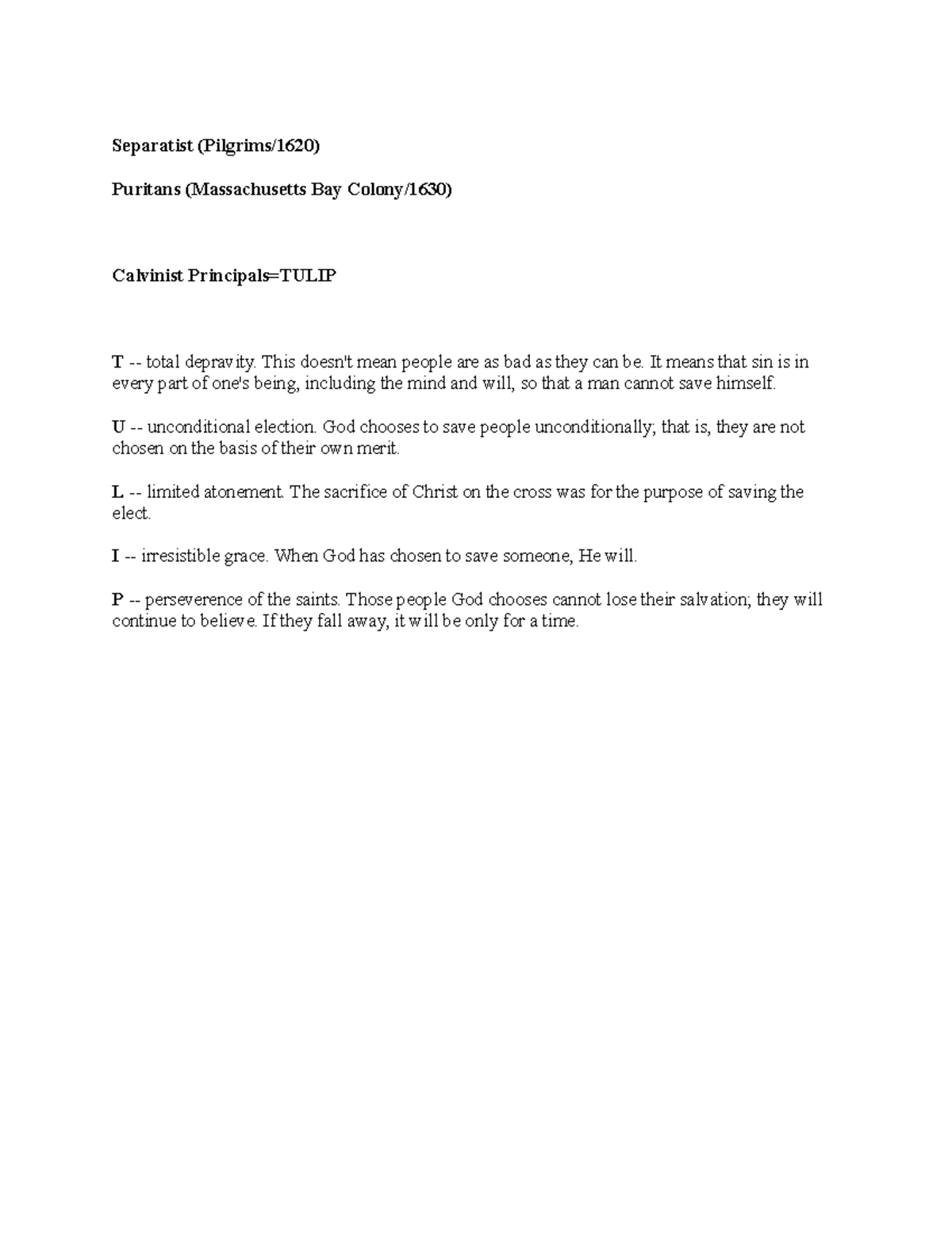 Tulip Document Reading for In Class Work - Separatist (Pilgrims/1620 ...