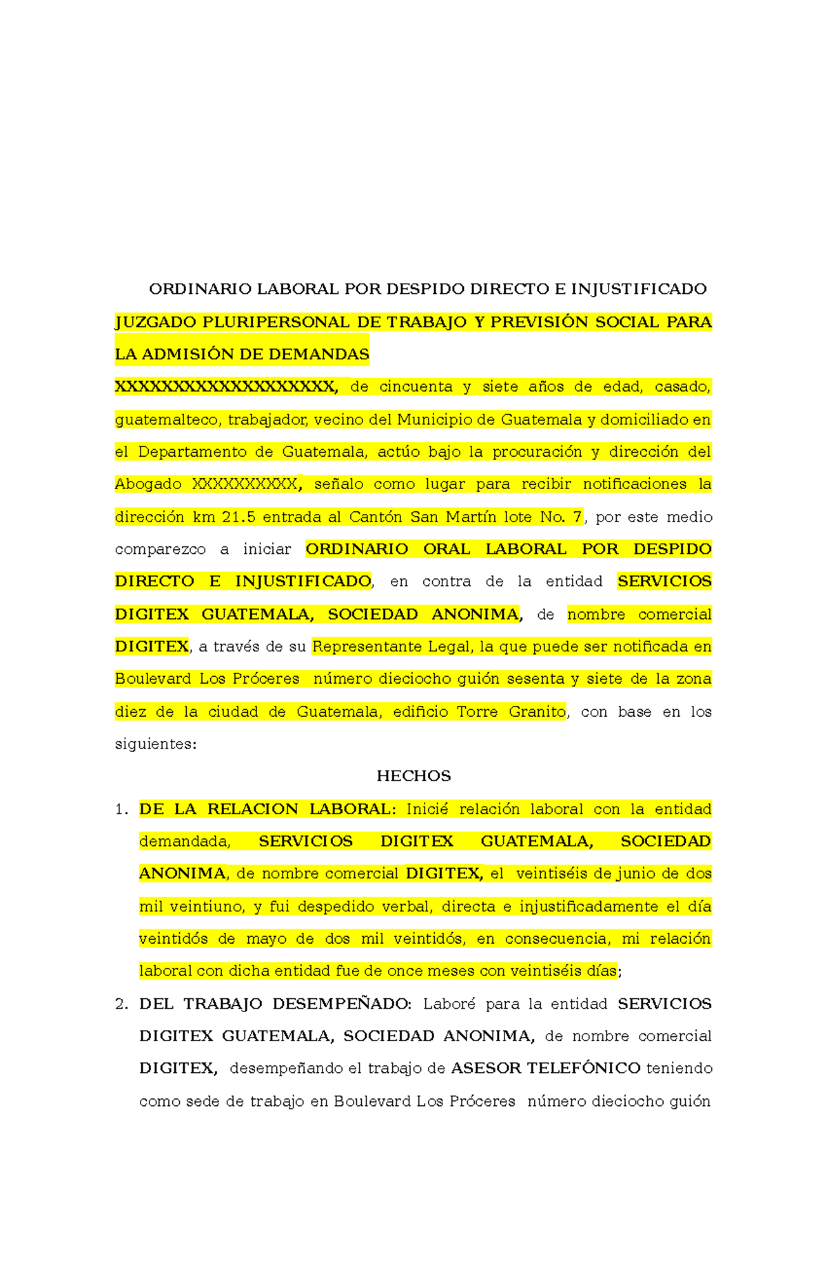 Demanda Laboral POR Despido Directo E Injustificado - ORDINARIO LABORAL ...