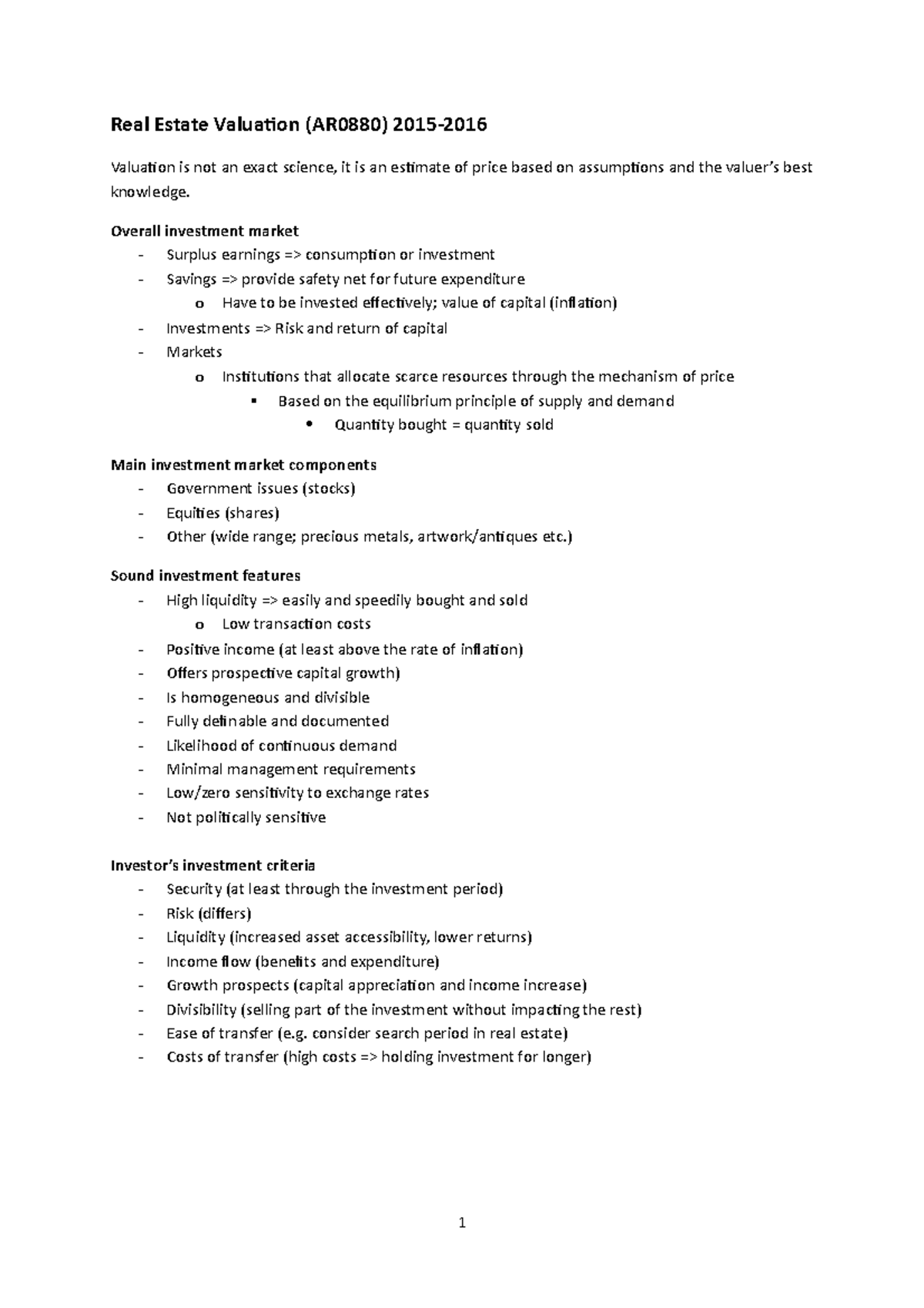 Summary Lectures - Real Estate Valuation (AR0880) 2015- Valuation is ...
