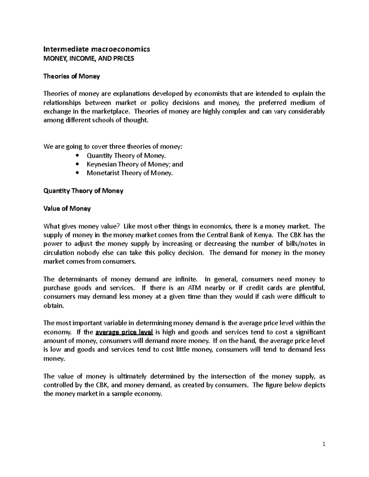 Intermediate macroeconomics-Money, Income and Prices lecture notes ...