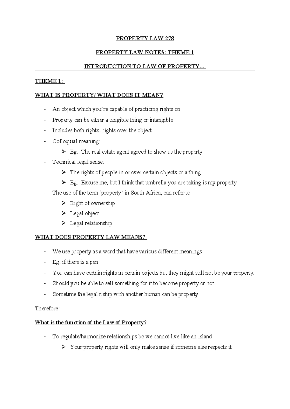 Property law - purpose of studies - PROPERTY LAW 278 PROPERTY LAW NOTES ...
