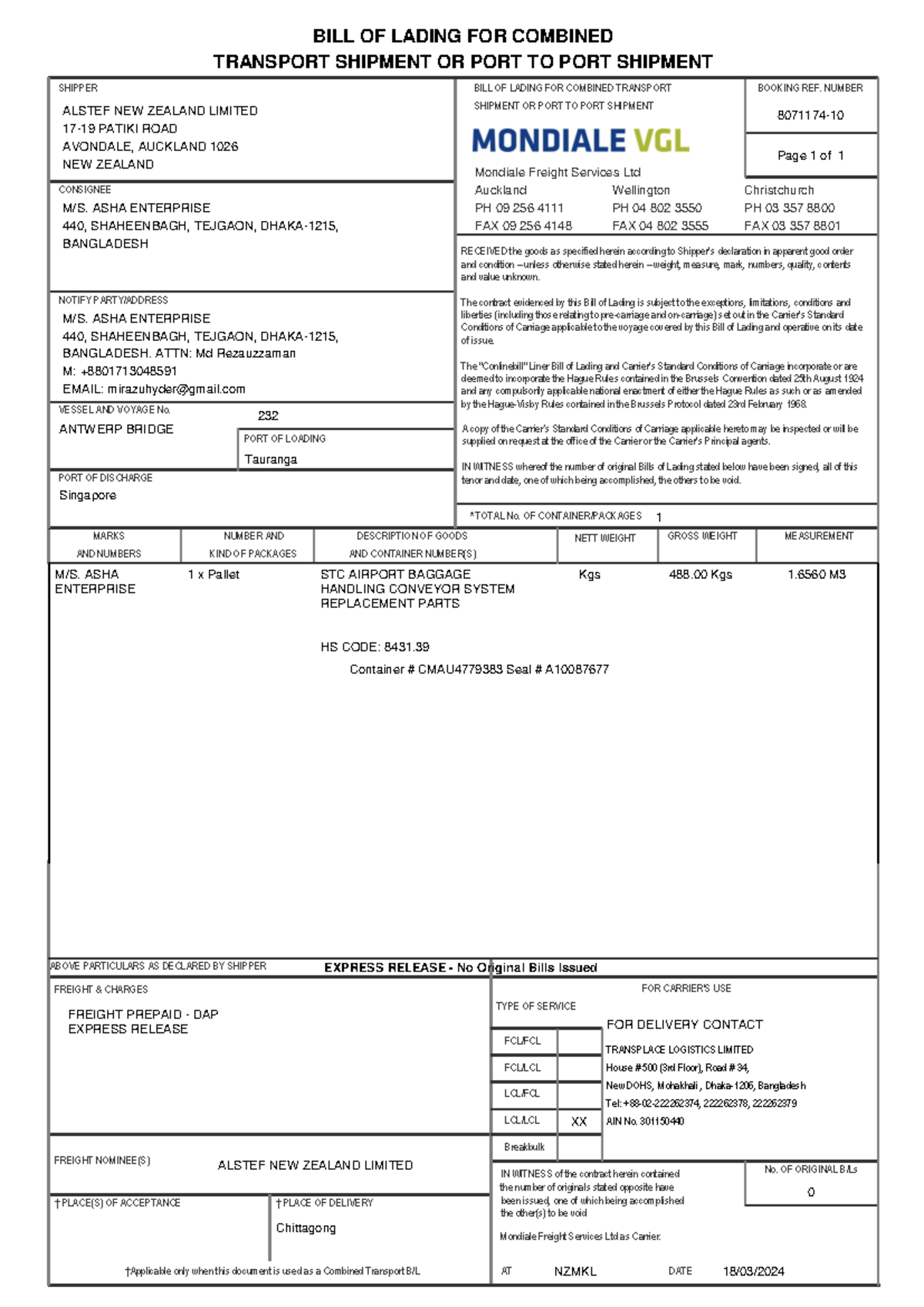 Bill of Lading Glidepath - BILL OF LADING FOR COMBINED TRANSPORT ...
