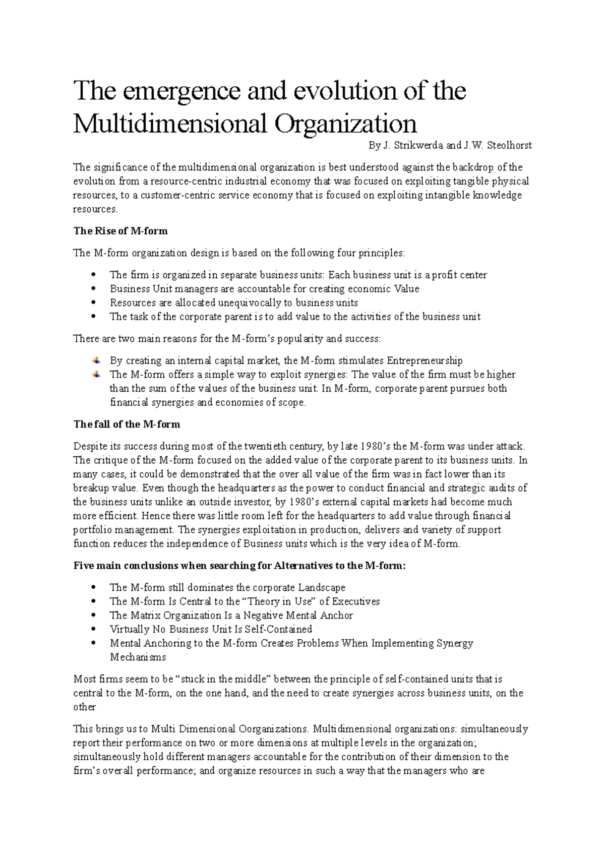 The emergence and evolution of the Multidimensional Organization ...