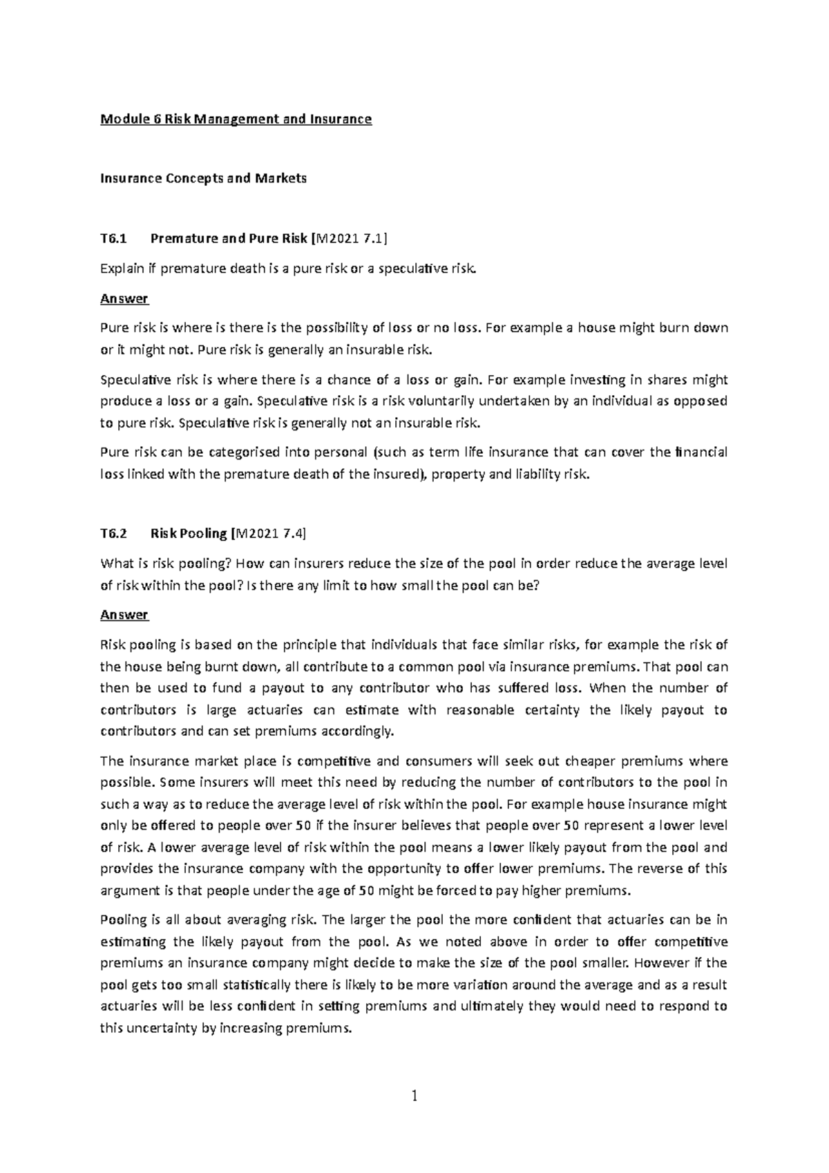 Tutorial M06 Questions and Answers - Module 6 Risk Management and ...