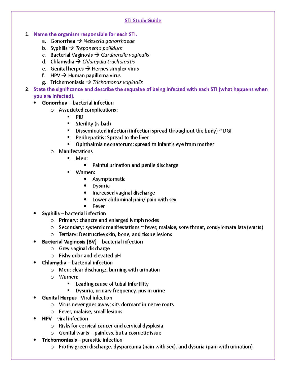 STI Study Guide - Name the organism responsible for each STI. a ...