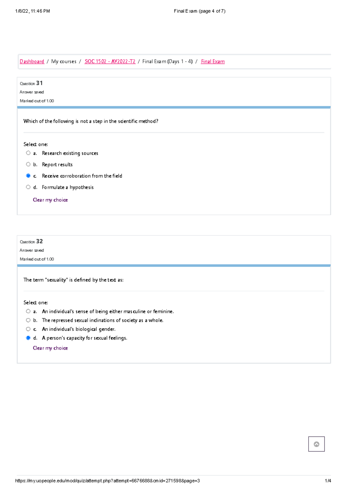 Final Exam (page 4 of 7) - exam - Question 31 Answer saved Marked out ...