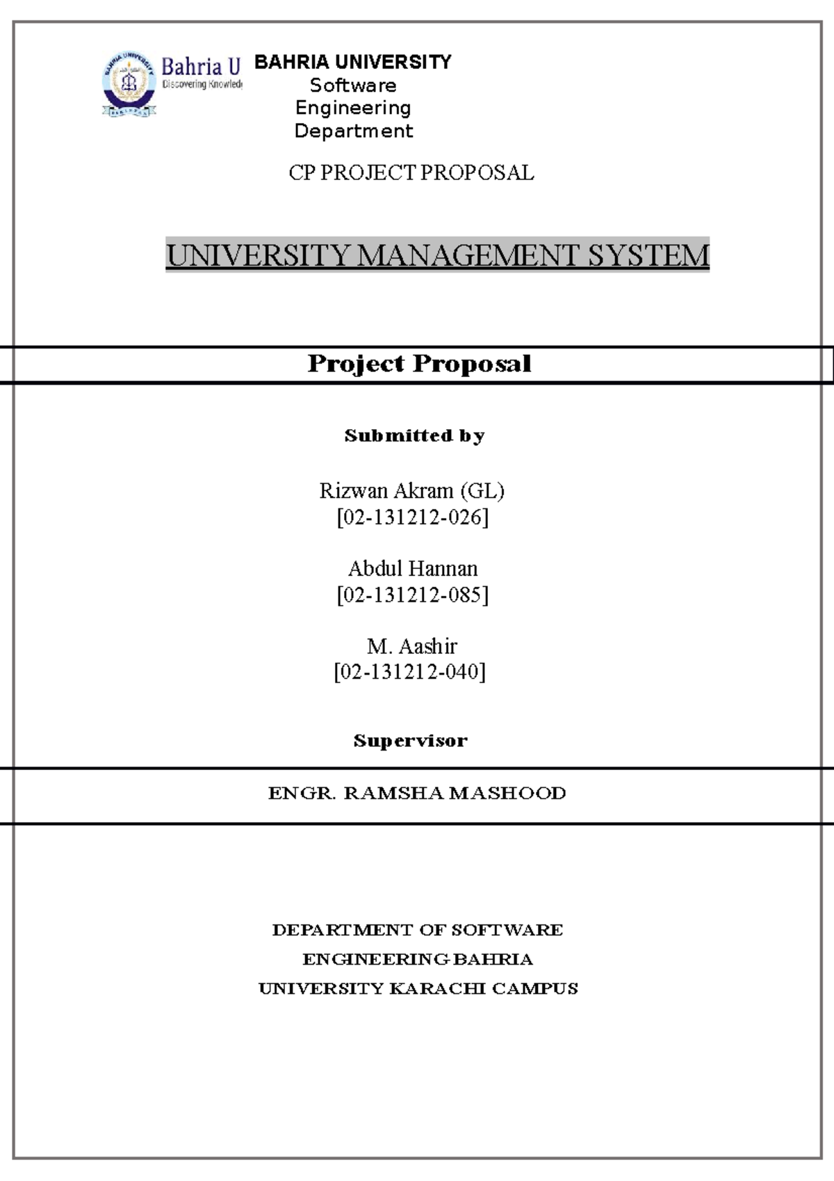 University Management System - BAHRIA UNIVERSITY Software Engineering Department CP PROJECT ...