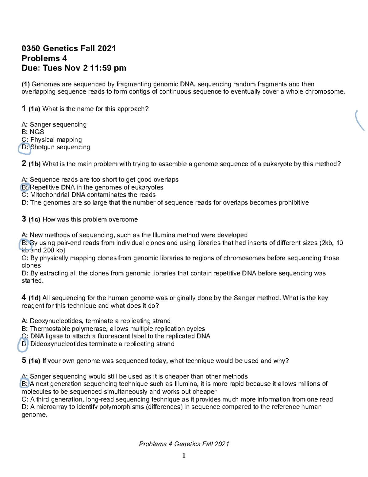 Problems 4 - Problem set 4 key, work, examples, and explanations - Problems 4 Genetics Fall 2021 ...