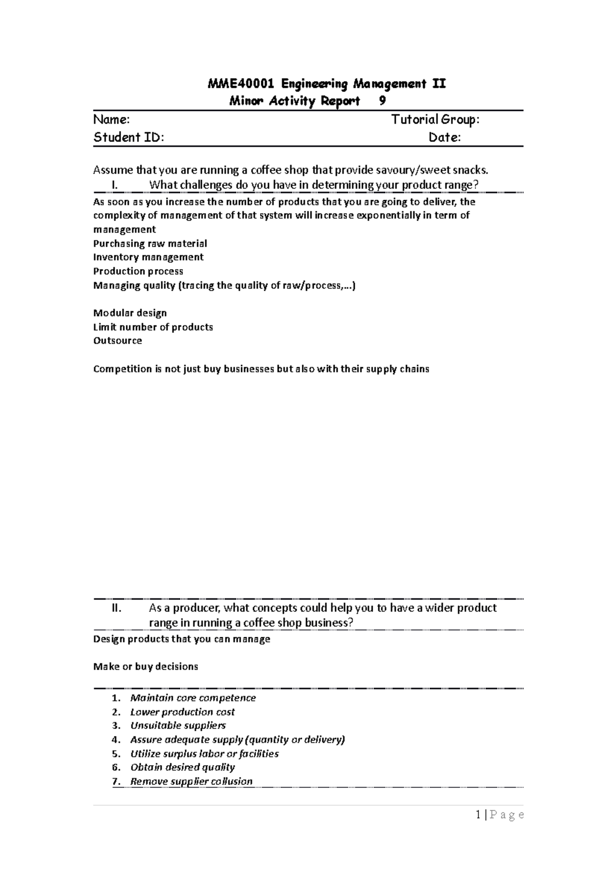 M9 MME40001 Minor Activity Supply Chain Management - MME40001 ...