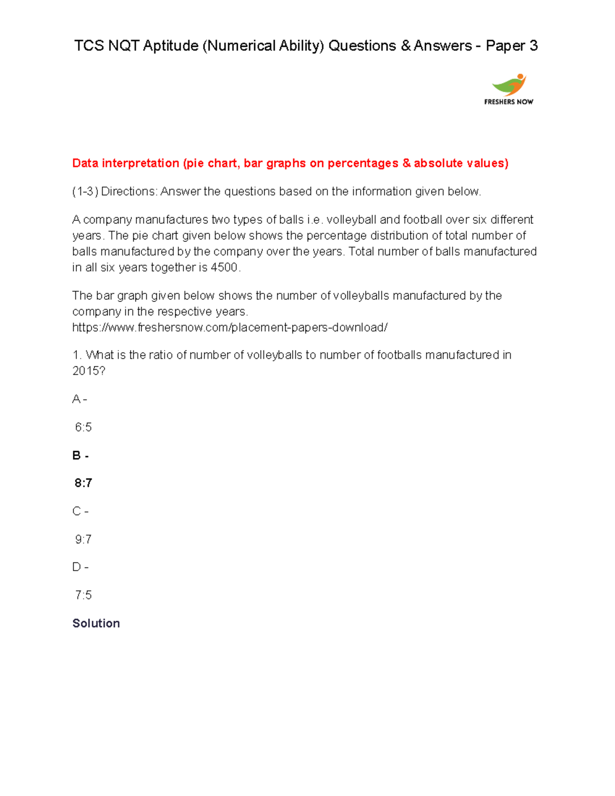TCS NQT Numerical Ability Q&A Paper 3 - Data interpretation (pie chart, bar graphs on ...