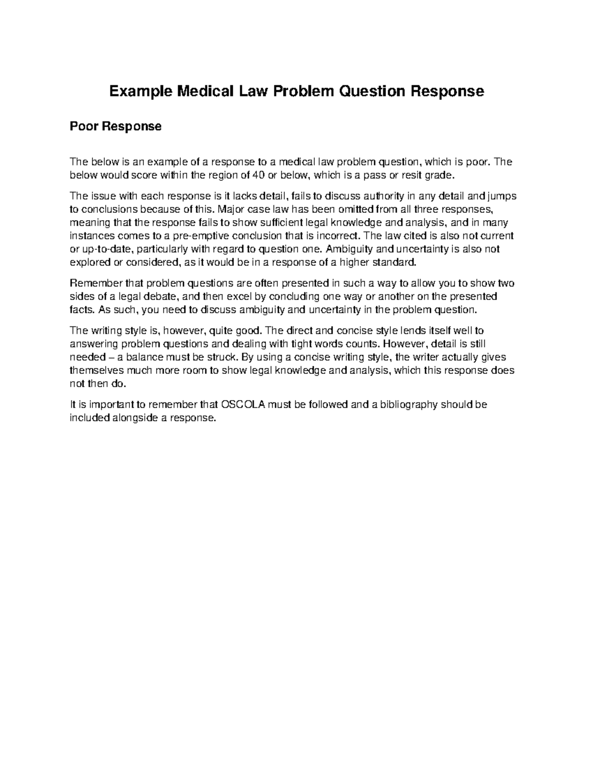 Medical law - problem question - poor response - Example Medical Law ...