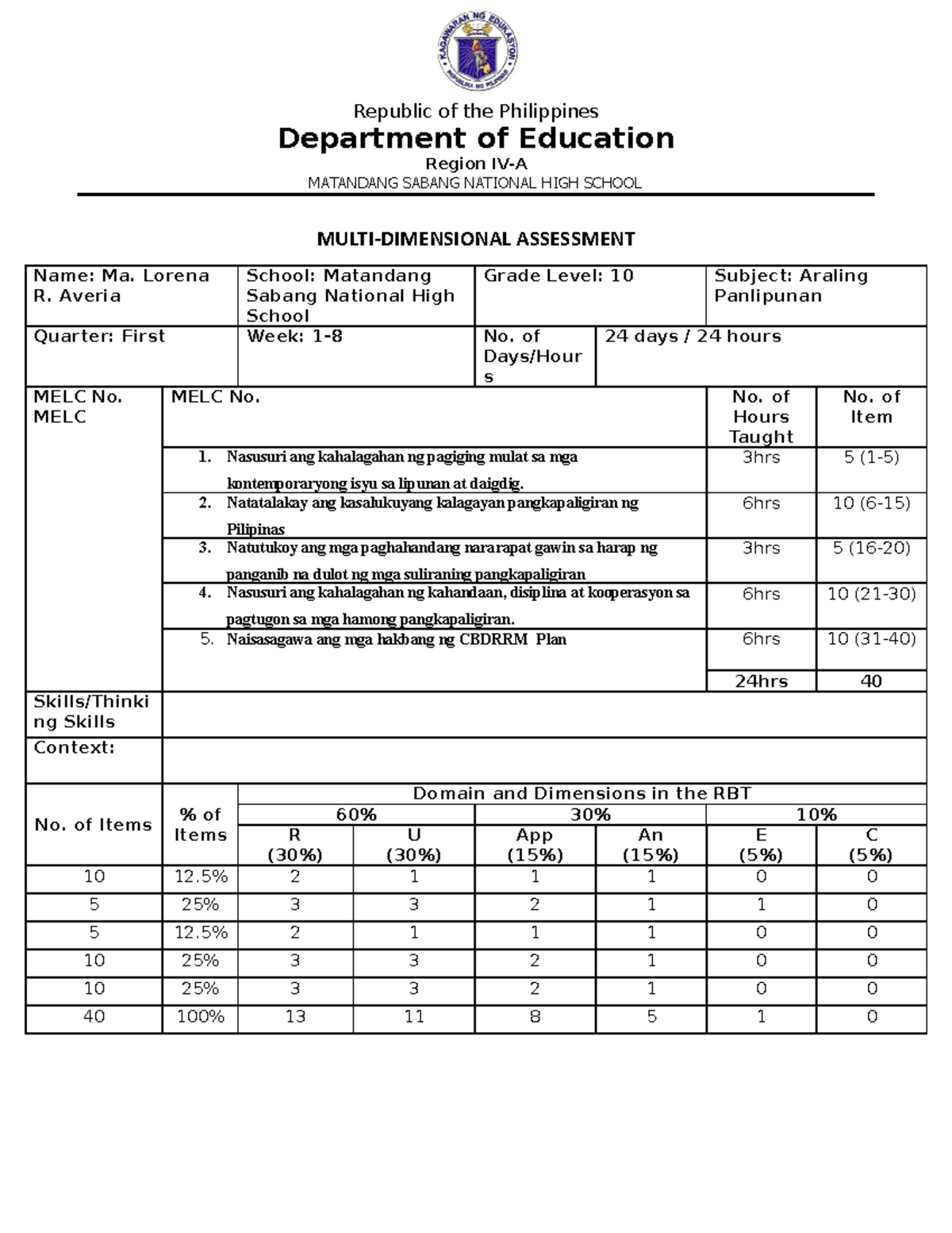 MDAT AP 10 - exam - Republic of the Philippines Department of Education ...
