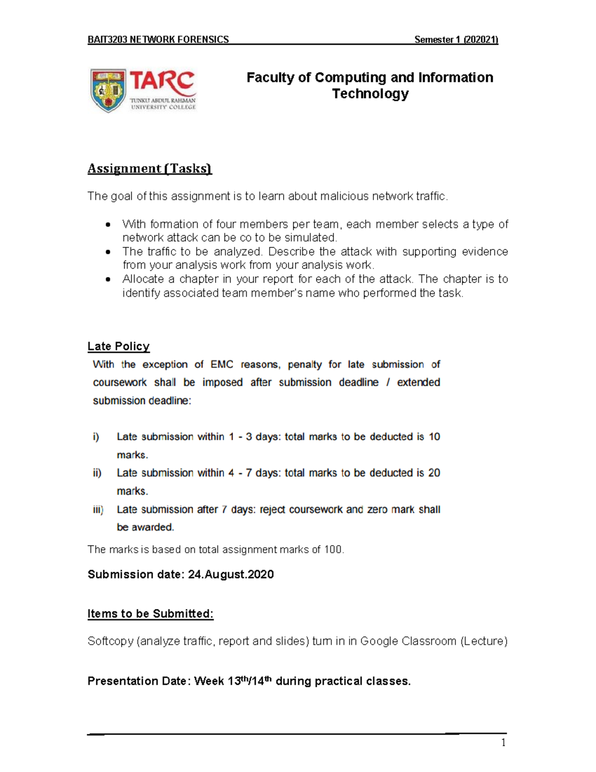 Network Forensics Assignment - BAIT3203 NETWORK FORENSICS Semester 1 (202021) 1 Assignment ...