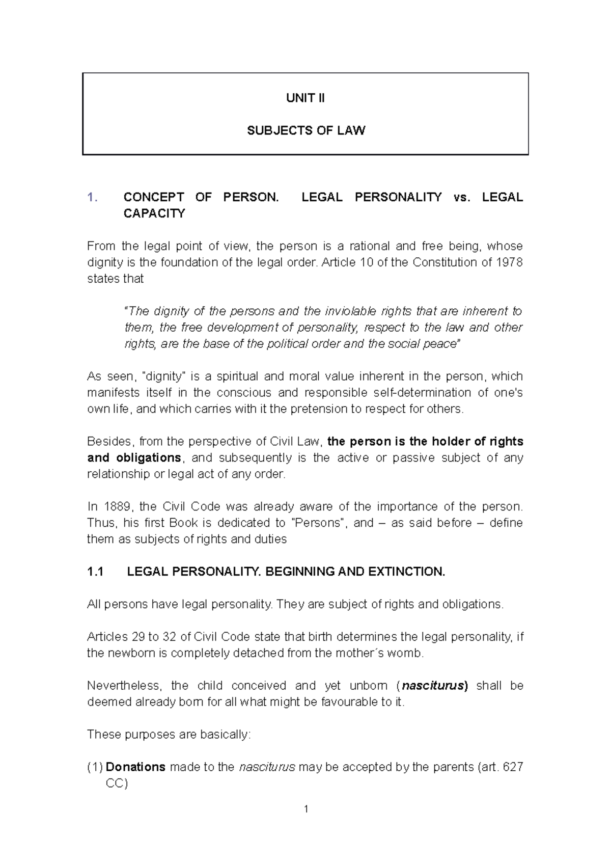 UNIT 2. Subjects OF LAW - En inglés - UNIT II SUBJECTS OF LAW 1 ...