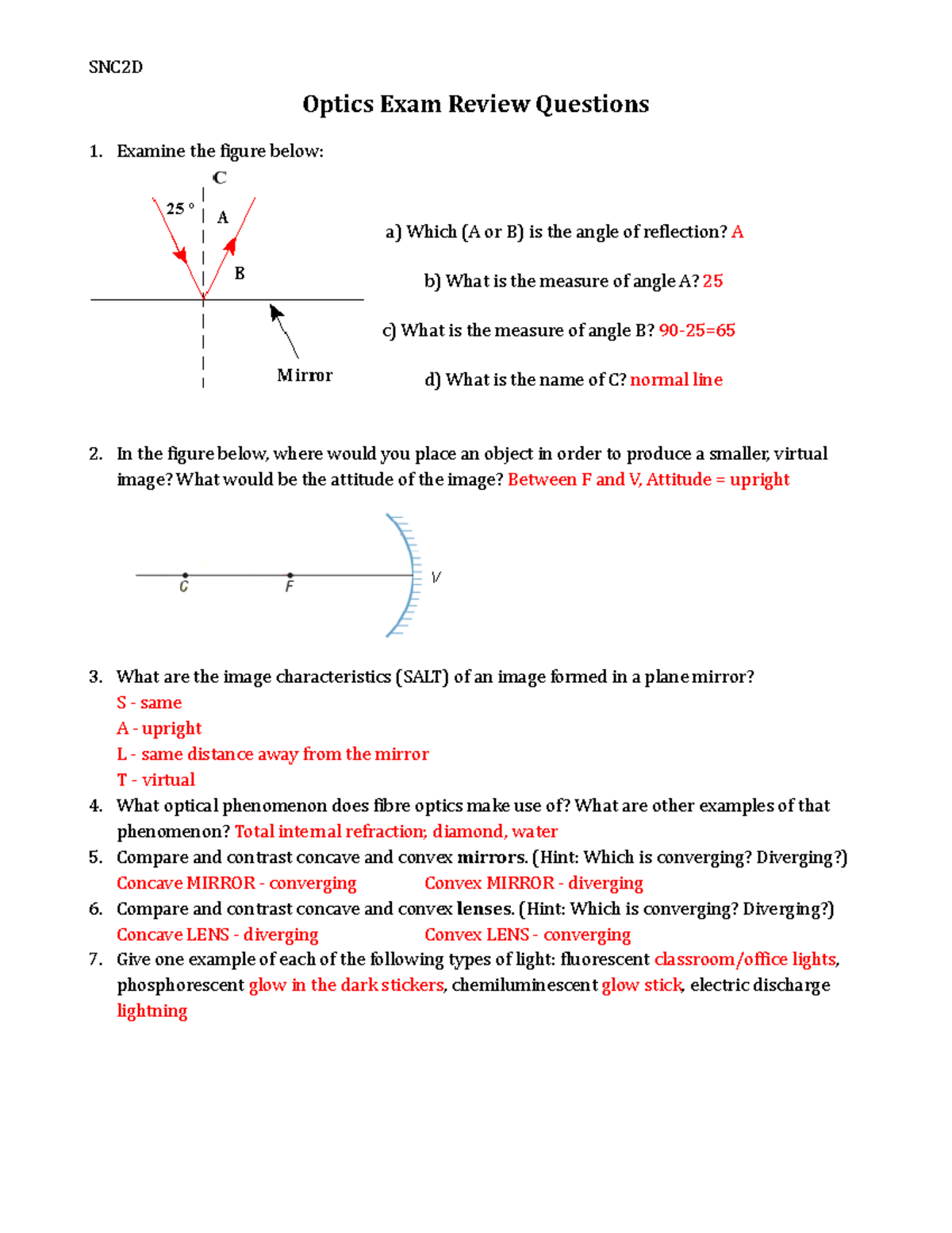 SNC2D Optics EXAM Review - Optics Exam Review Questions Examine the ...