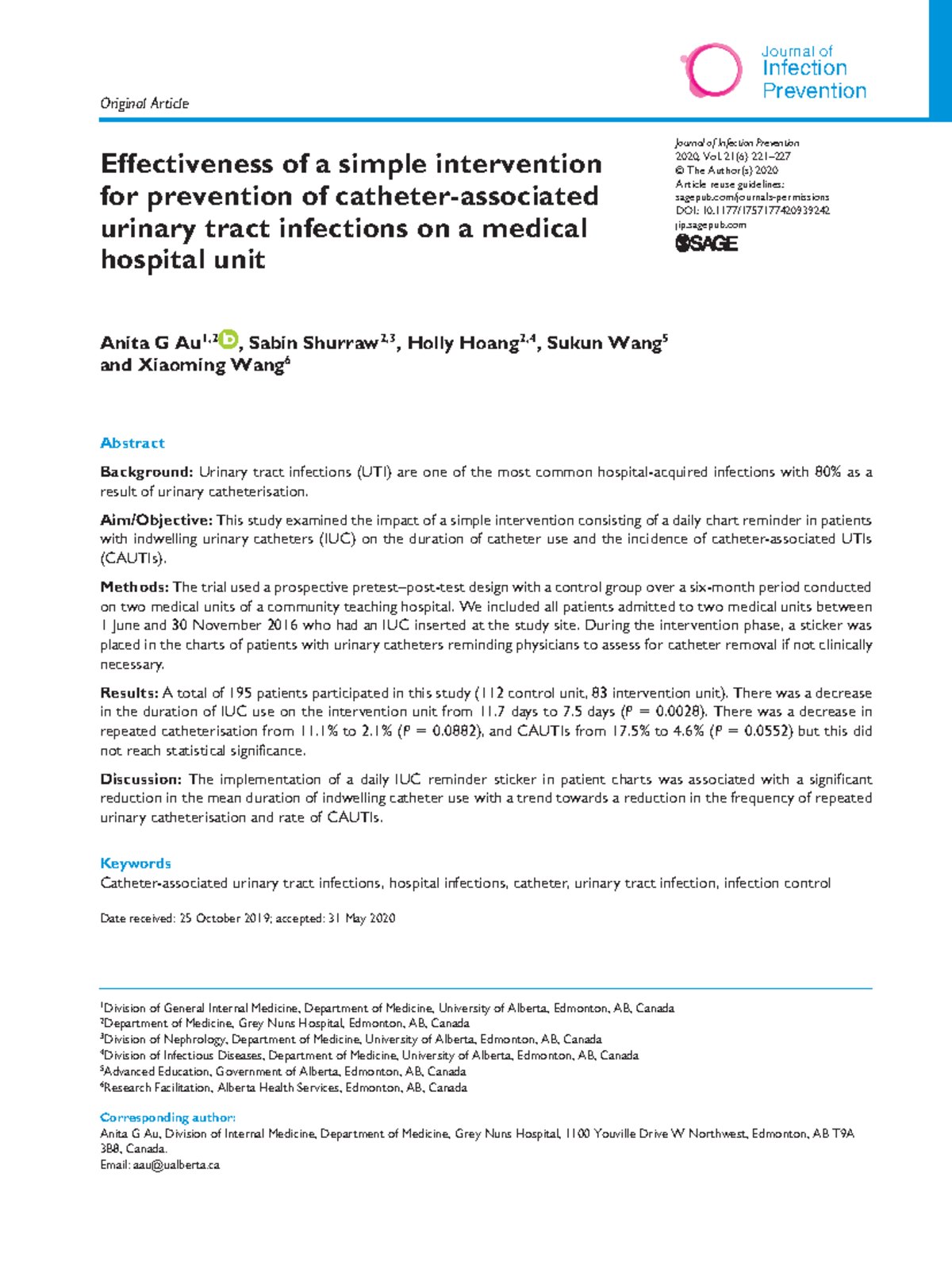 10 - RUA - doi/10.1177/ Journal of Infection Prevention 2020, Vol. 21(6 ...