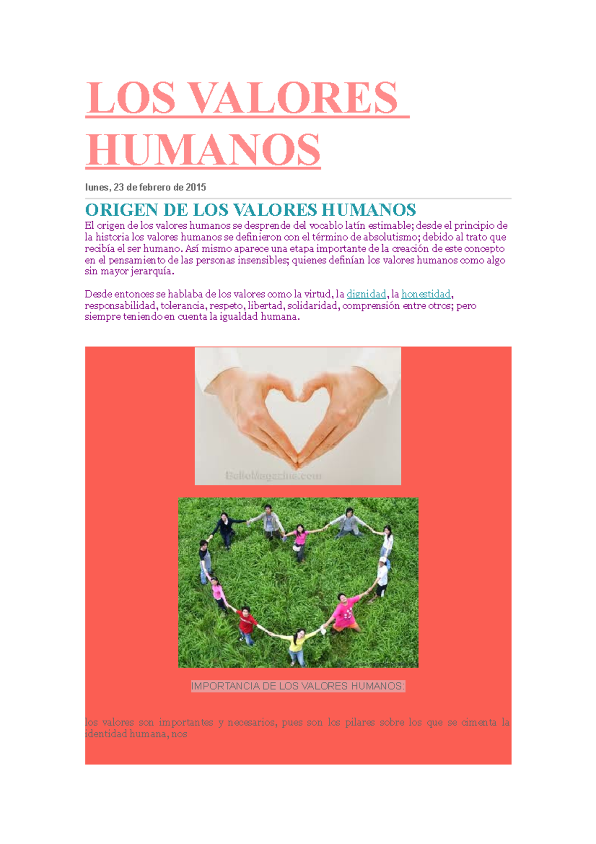Origen Valores Humanos - LOS VALORES HUMANOS lunes, 23 de febrero de ...