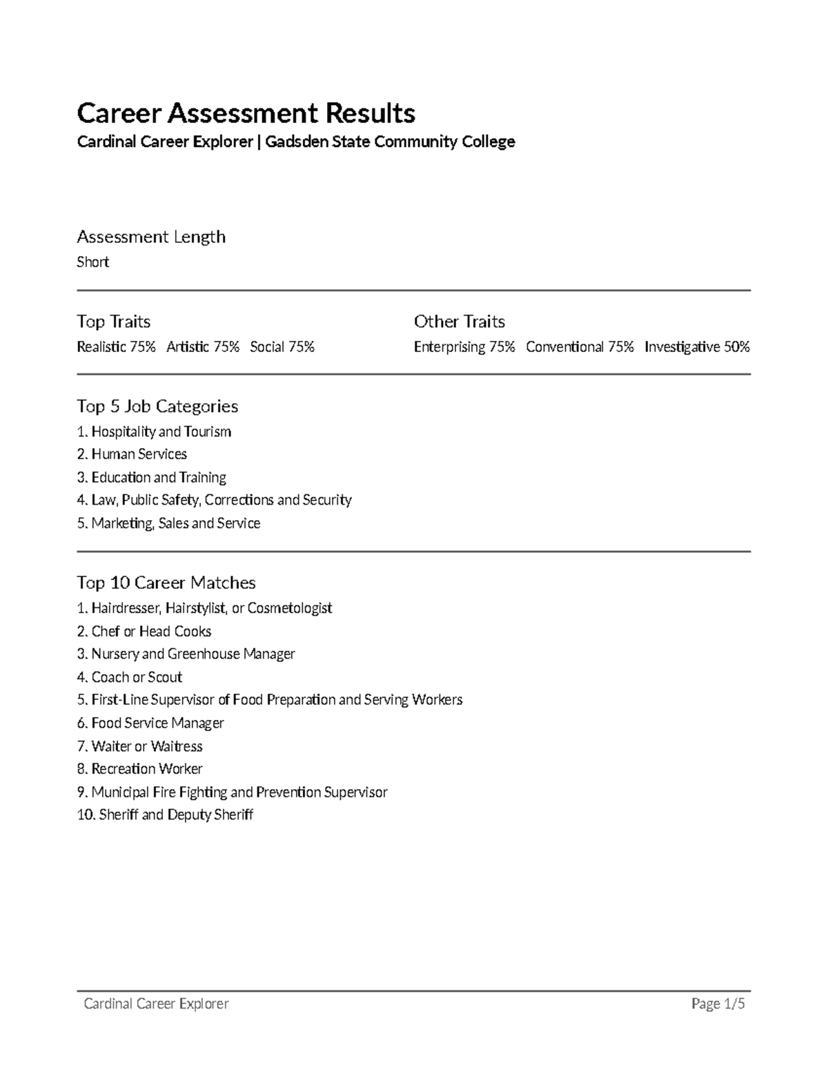 Career Assessment Results example - Career Assessment Results Cardinal ...