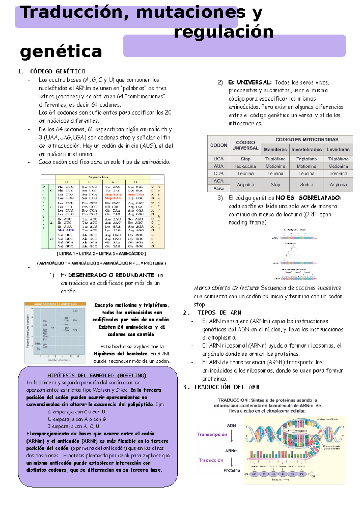 Traducción mutaciones y regulación genética - 1. CÓDIGO GENÉTICO Las ...