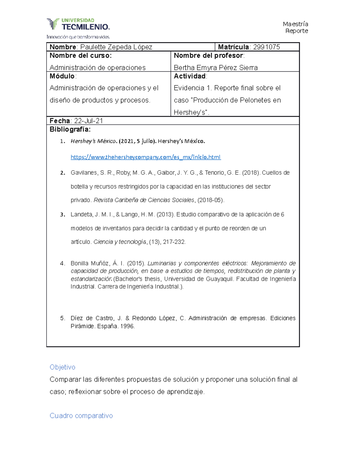 Evidencia 1 Administración de Operaciones - Reporte Nombre: Paulette Zepeda López Matrícula ...