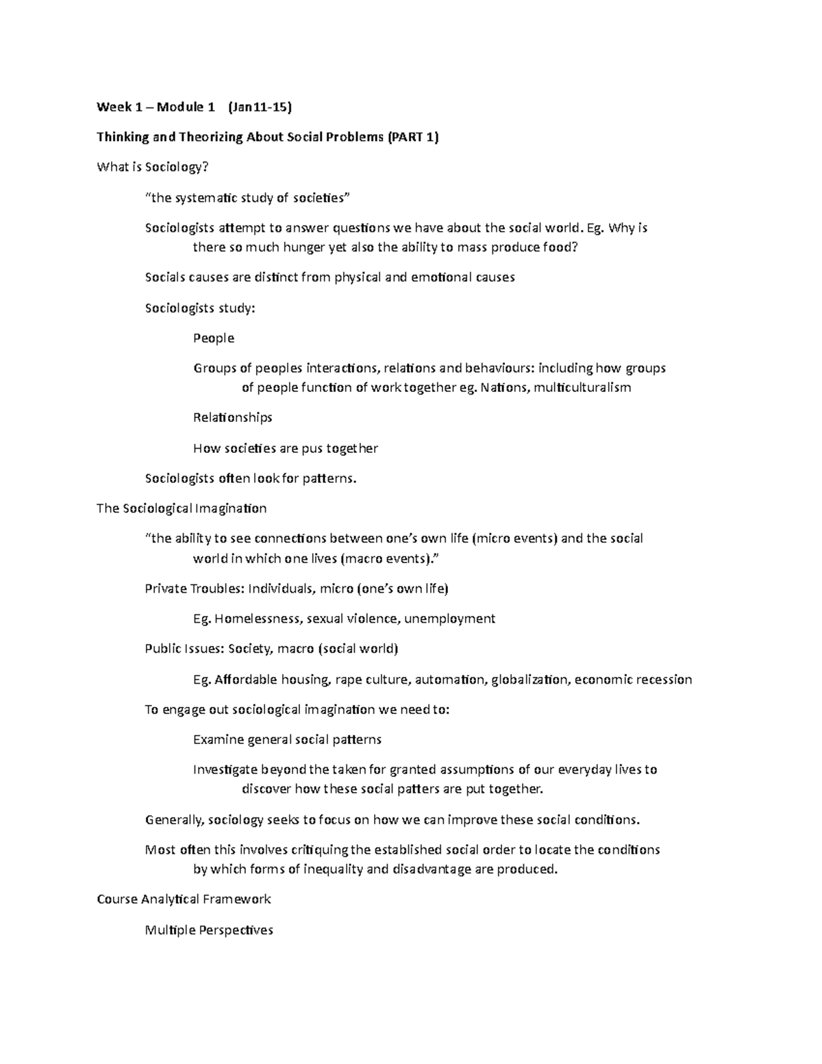 SOCIOL Lecture Notes - Week 1 – Module 1 (Jan11-15) Thinking and ...