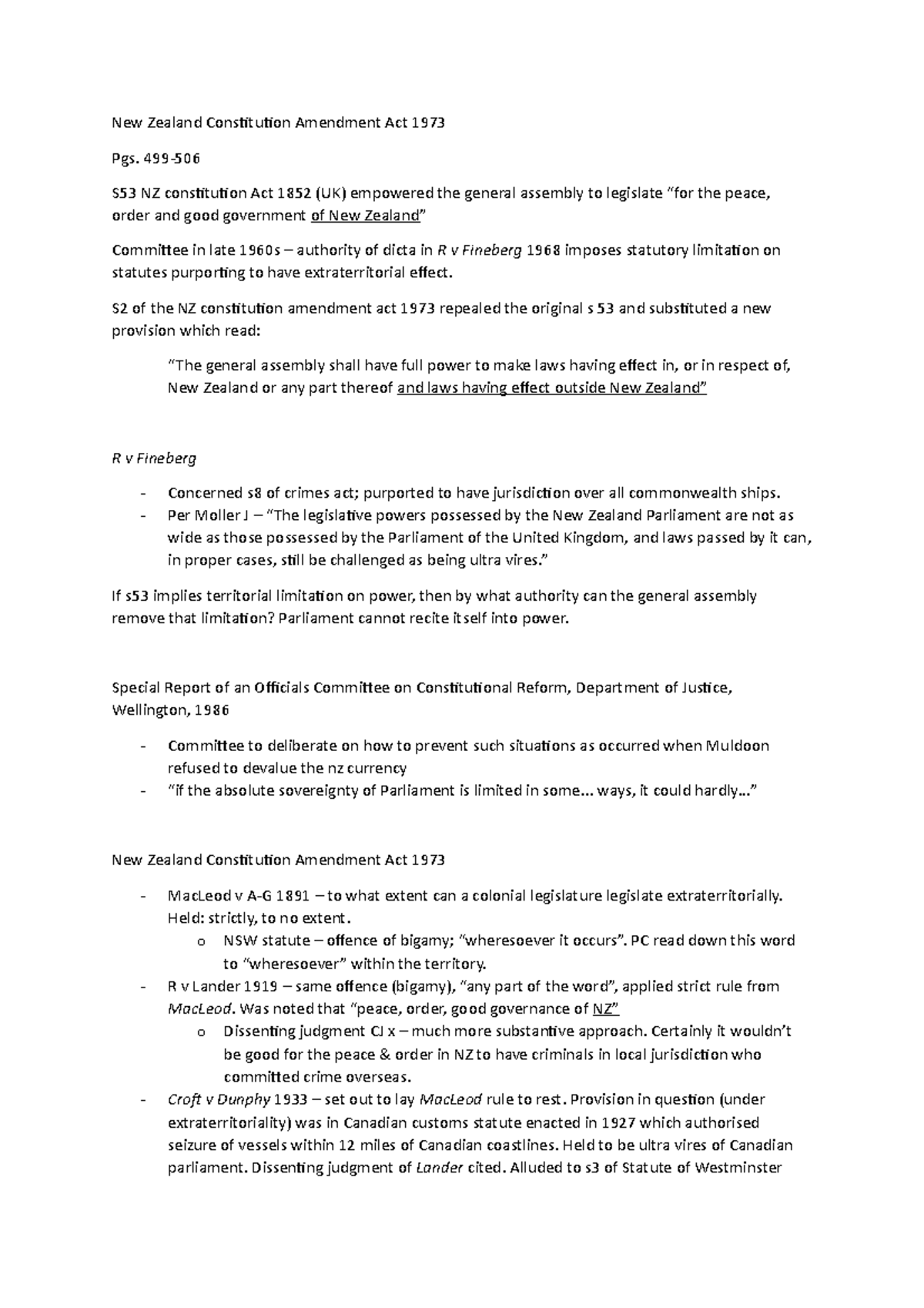 week 7 notes lecture - New Zealand Constitution Amendment Act 1973 Pgs ...