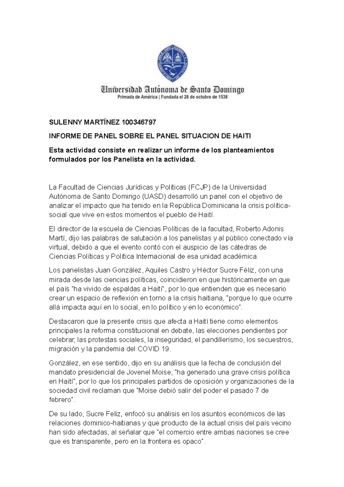 Informe DE Panel Sobre EL Panel Situacion DE Haiti - SULENNY MARTÍNEZ ...