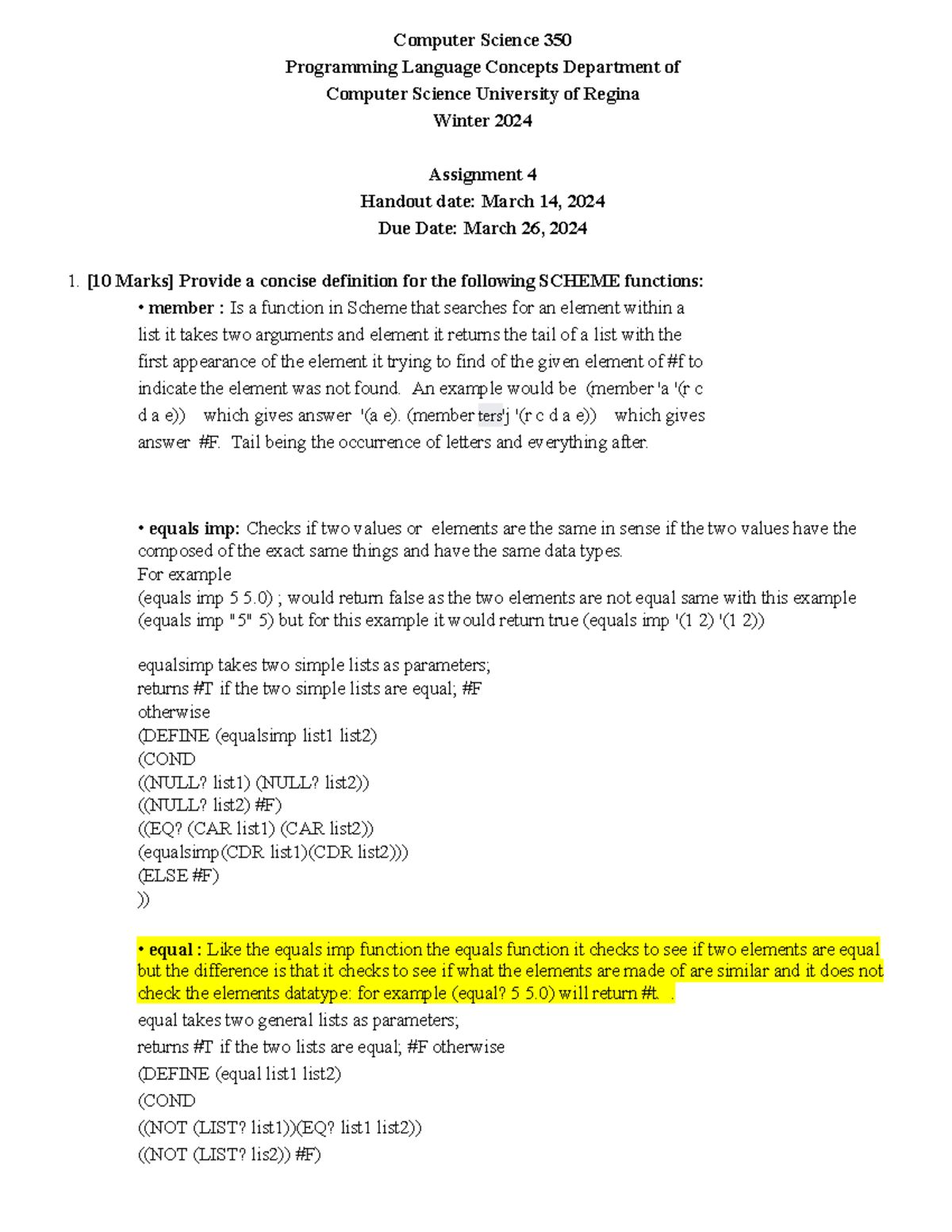 A4 Question Sheet - eee - Computer Science 350 Programming Language Concepts Department of ...
