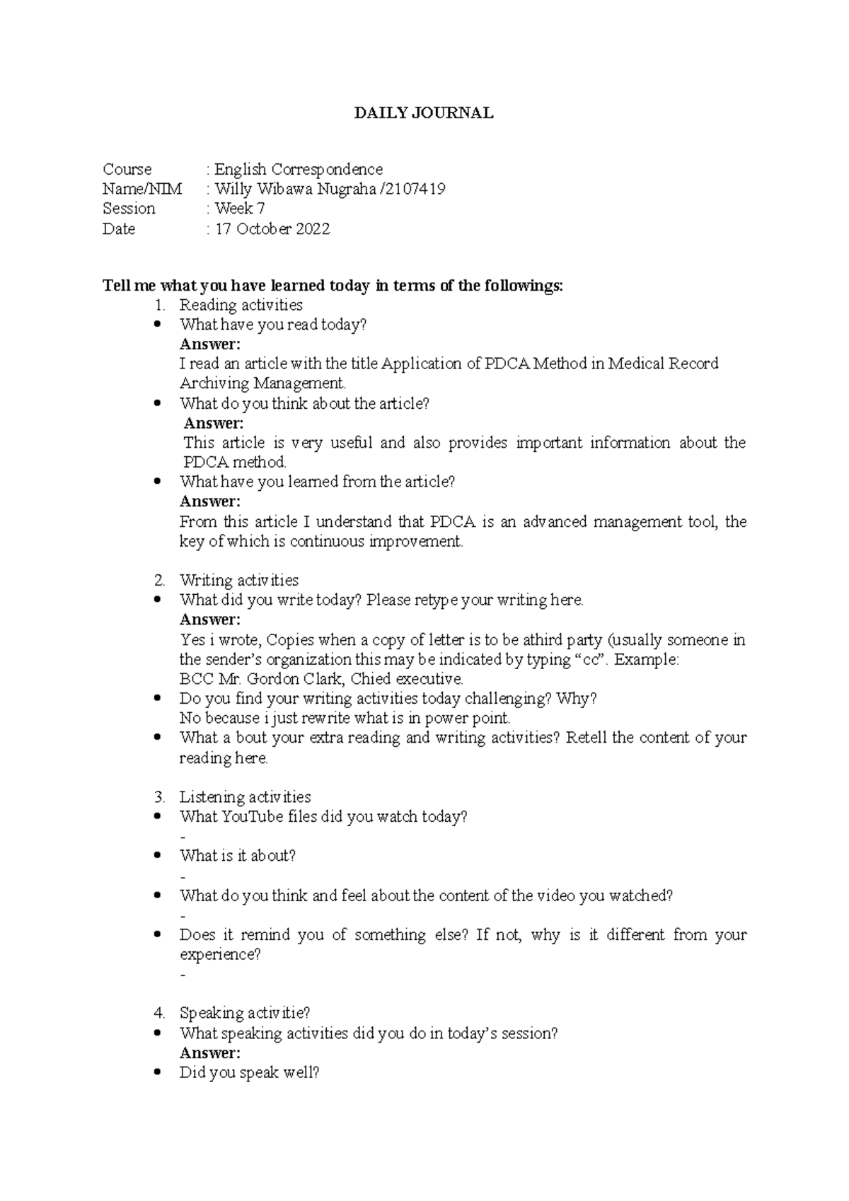 Daily journal at English Course to reflect student's understanding ...