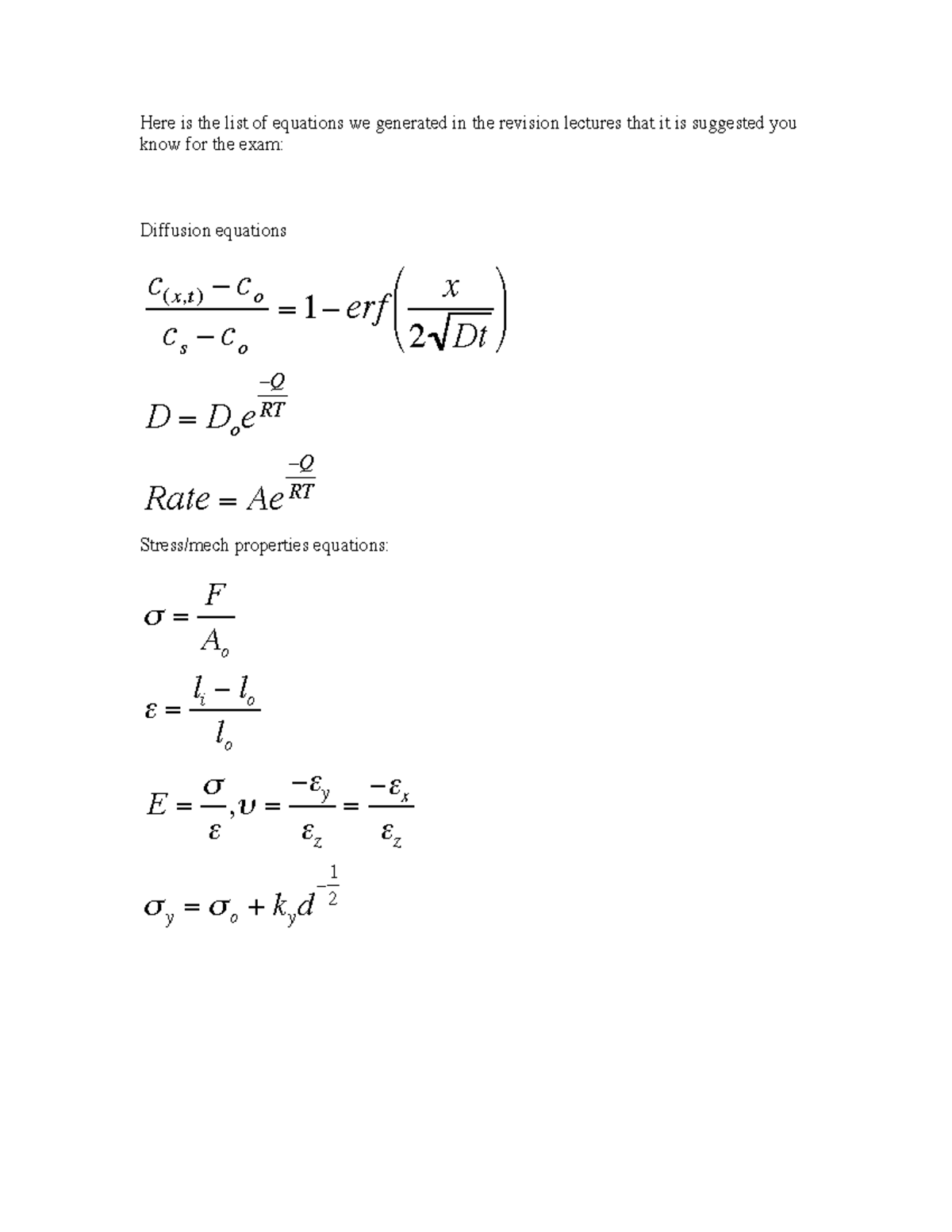 Equation sheet for materials - FEEG1002 - Here is the list of equations ...