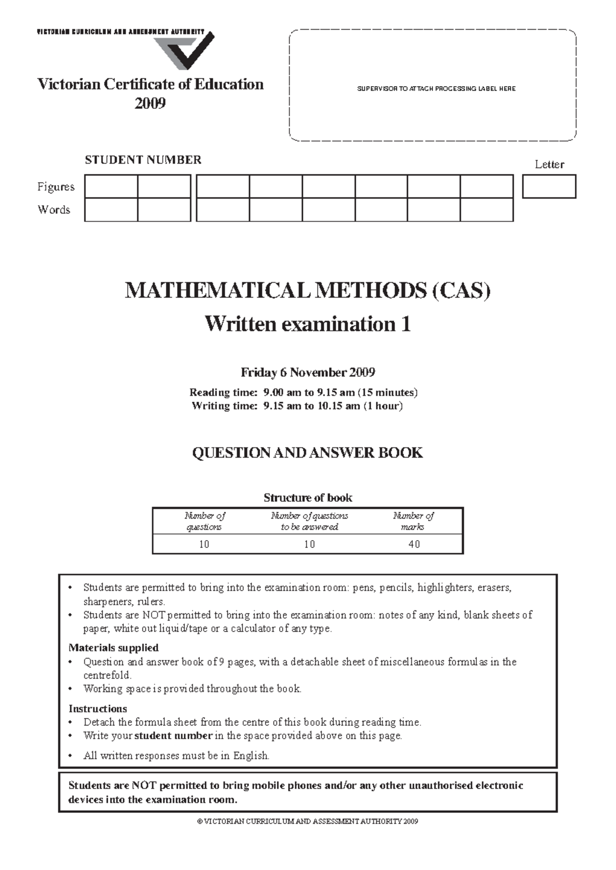 2009 vcaa exam 1 - praccy exam - MATHEMATICAL METHODS (CAS) Written examination 1 ####### Friday ...