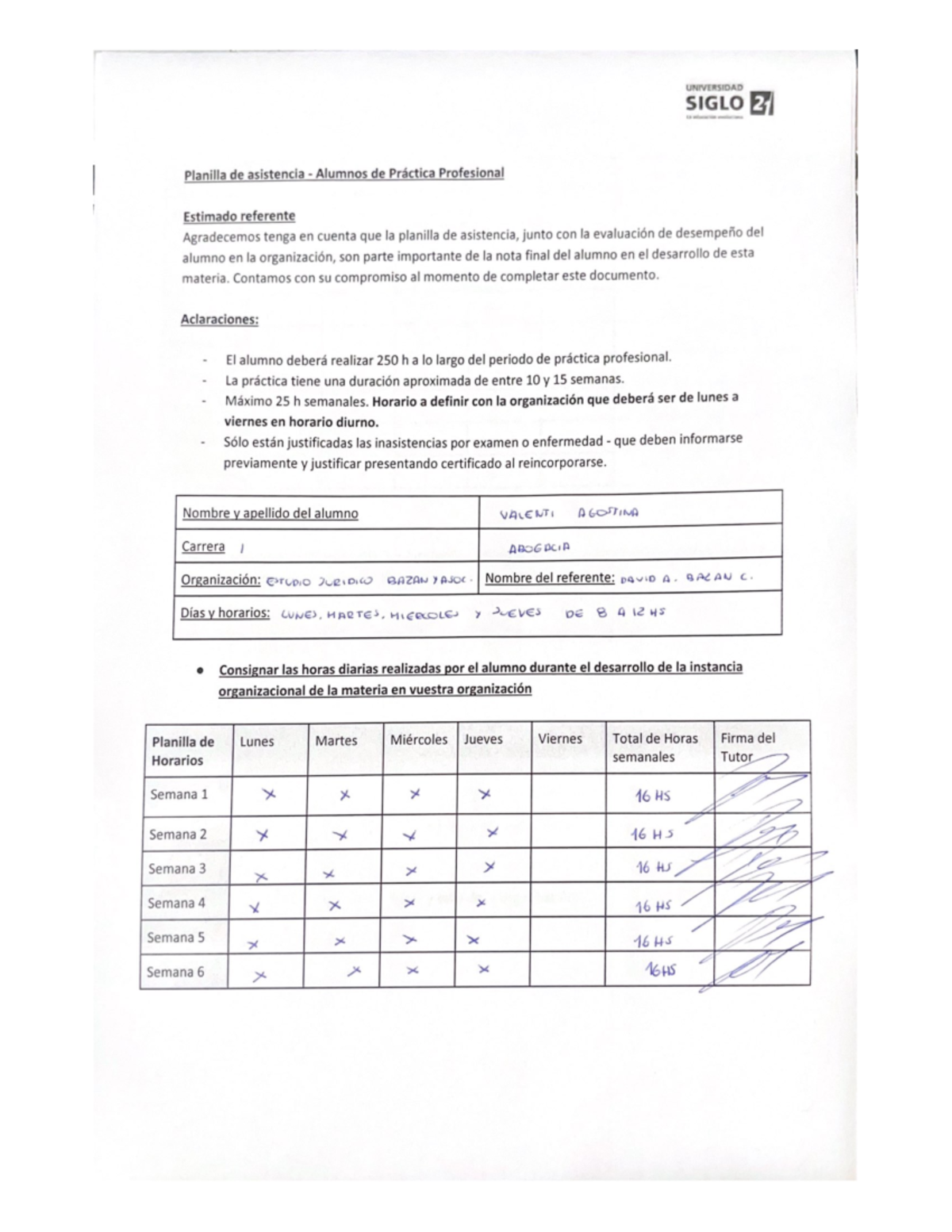 Planilla DE Asistencia - UNIVERSIDAD SIGLO 21 Planilla de asistencia ...