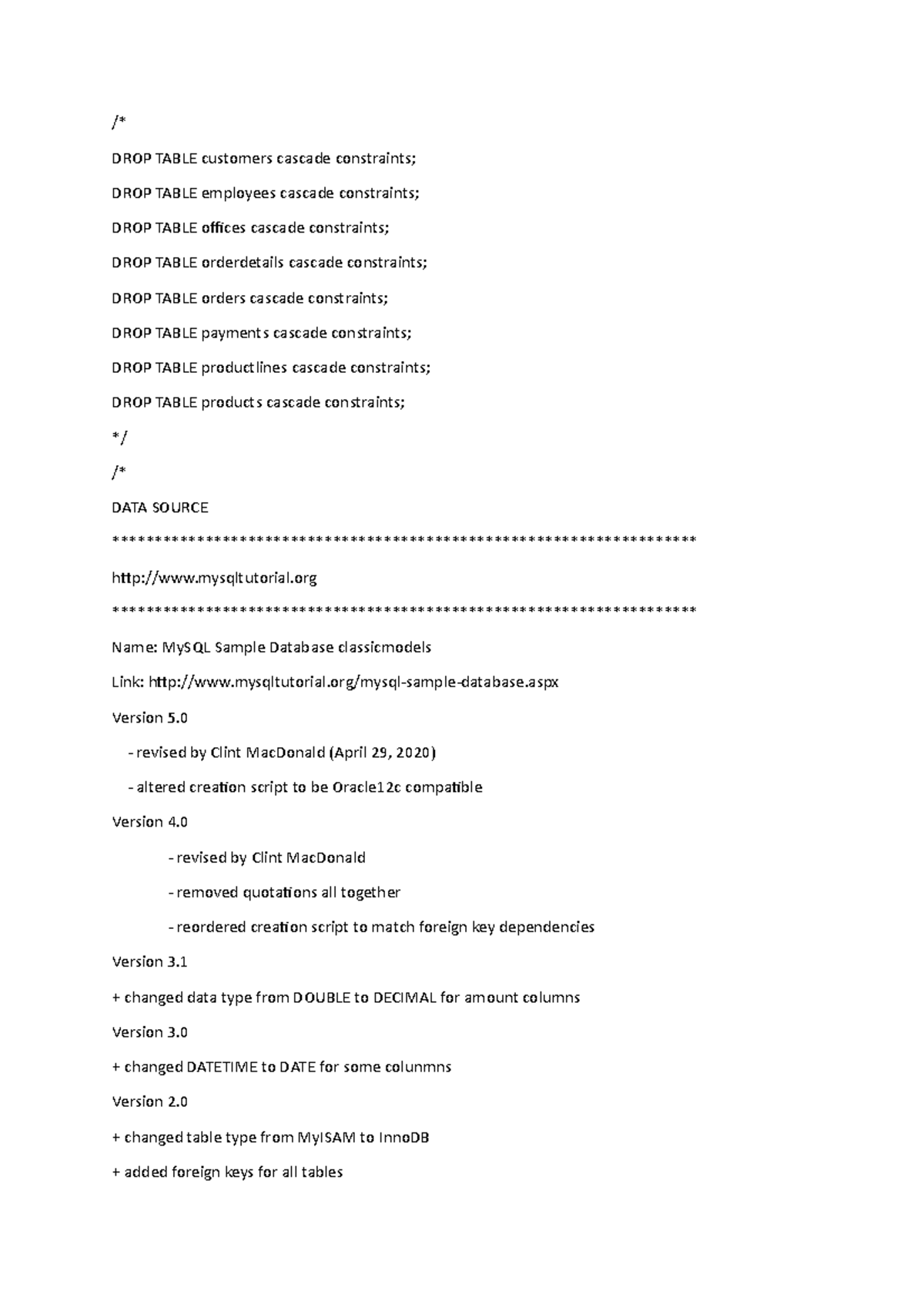 Database Creation Script Drop Table Customers Cascade Constraints 5032