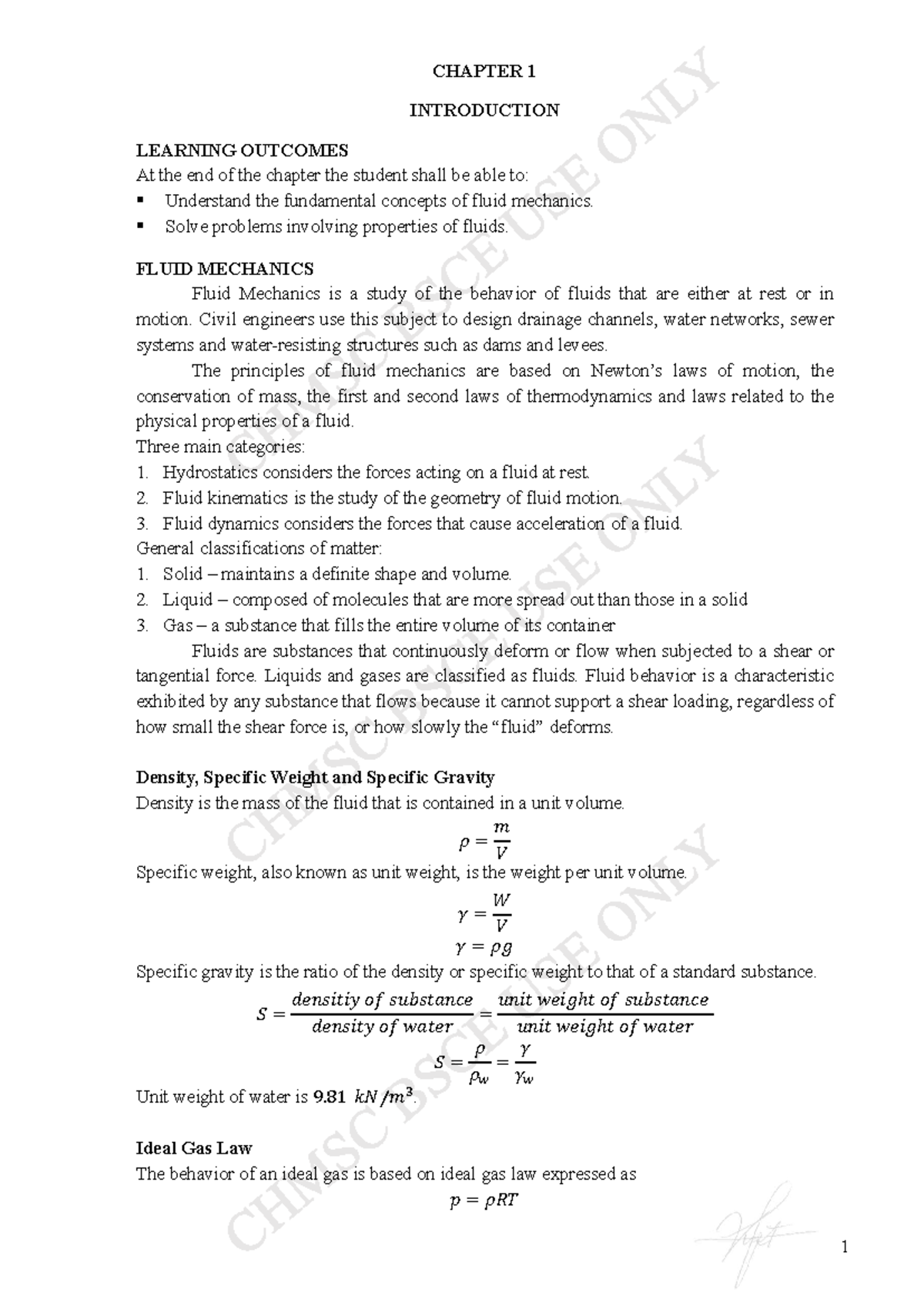 1 - Introduction TO Fluid Mechanics - INTRODUCTION LEARNING OUTCOMES At the end of the chapter ...