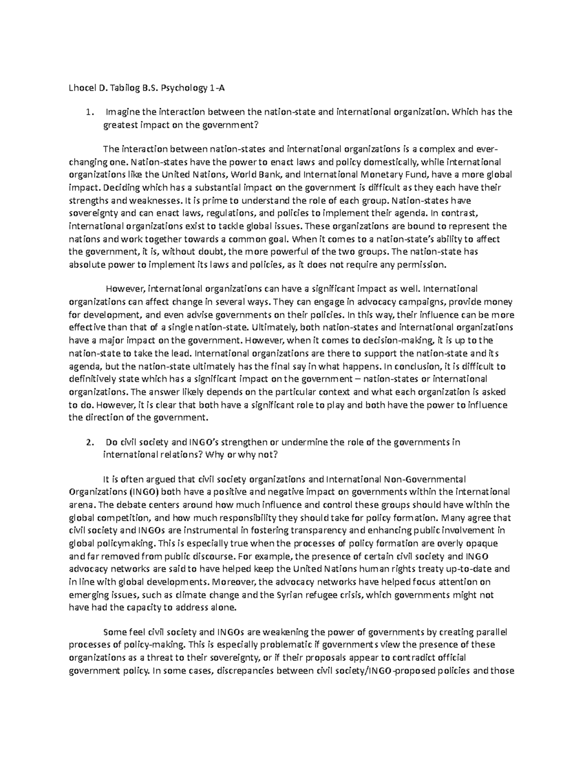 Contemporary world - lecture - Lhocel D. Tabilog B. Psychology 1-A 1 ...