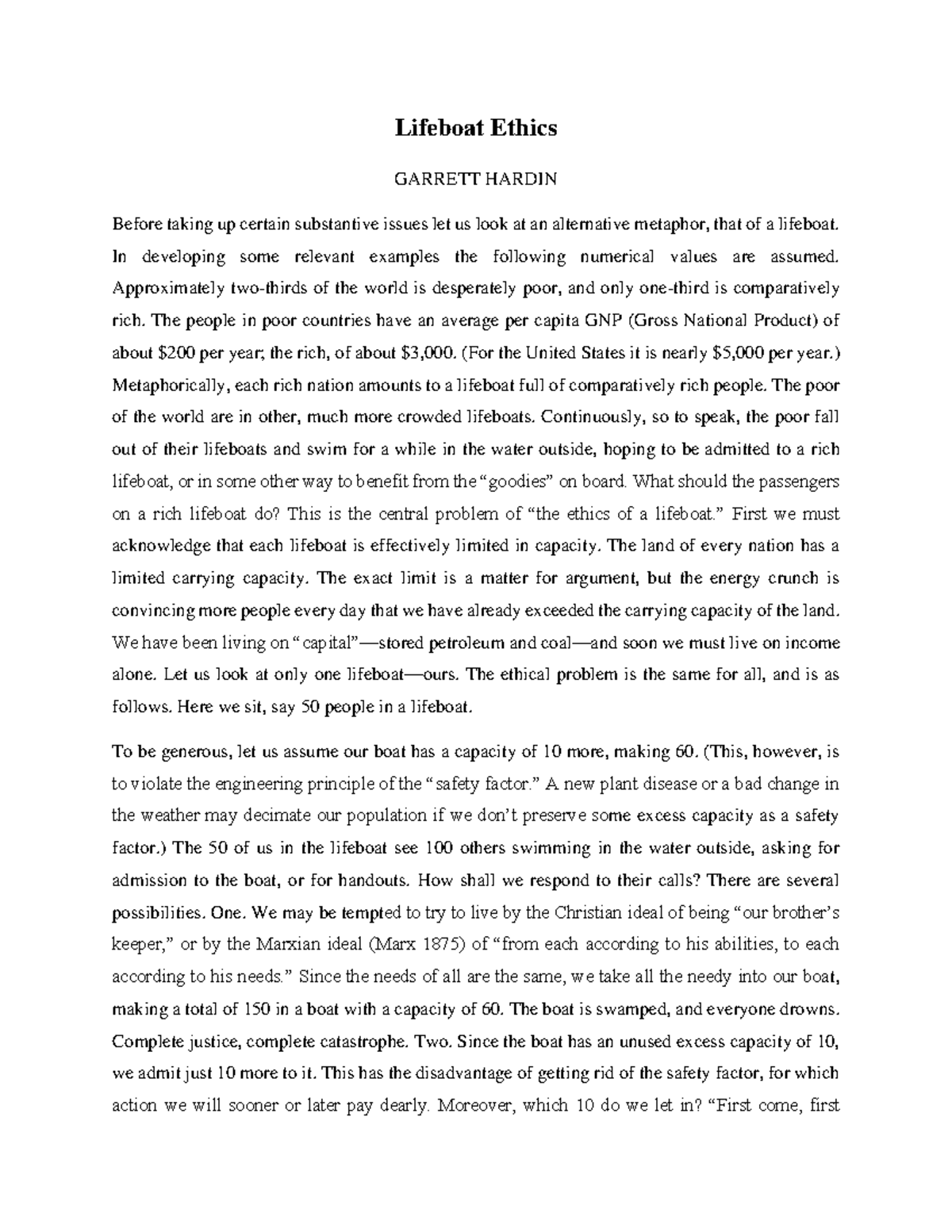 Lifeboat Ethics - Lifeboat Ethics GARRETT HARDIN Before taking up ...