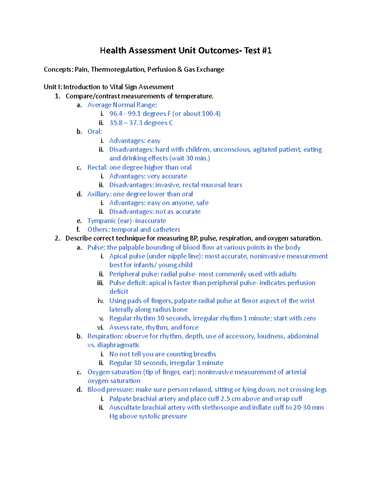 HA Unit Outcomes Test 1 - Summary Health Assessment - Health Assessment ...