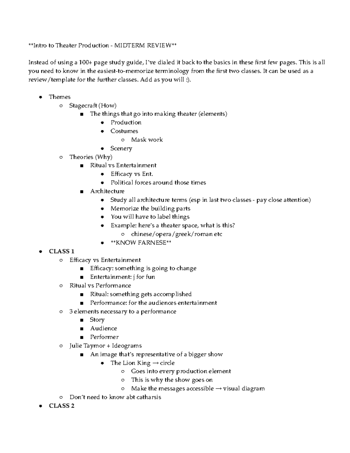 ITP Midterm Review - One Stop Shop - Intro to Theater Production - MIDTERM REVIEW Instead of ...