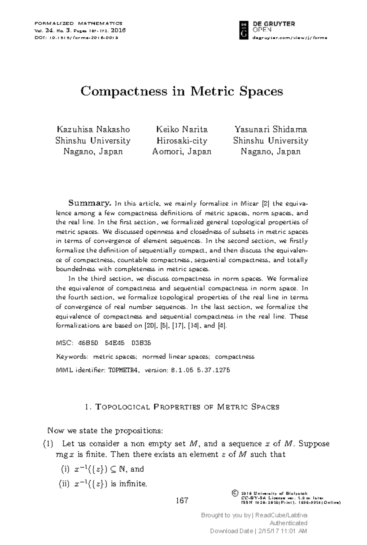 Compactness in Metric Spaces - FORMALIZED MATHEMATICS Vol. 24 , No. 3 ...