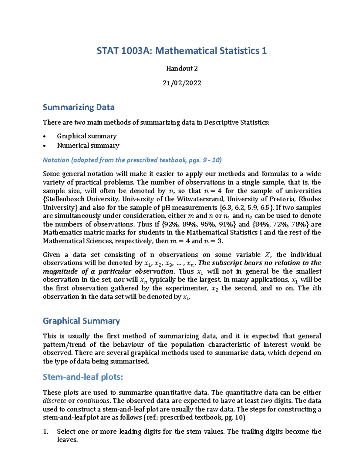 Notes Handout-2 2022 2 - STAT 1003A: Mathematical Statistics 1 Handout ...