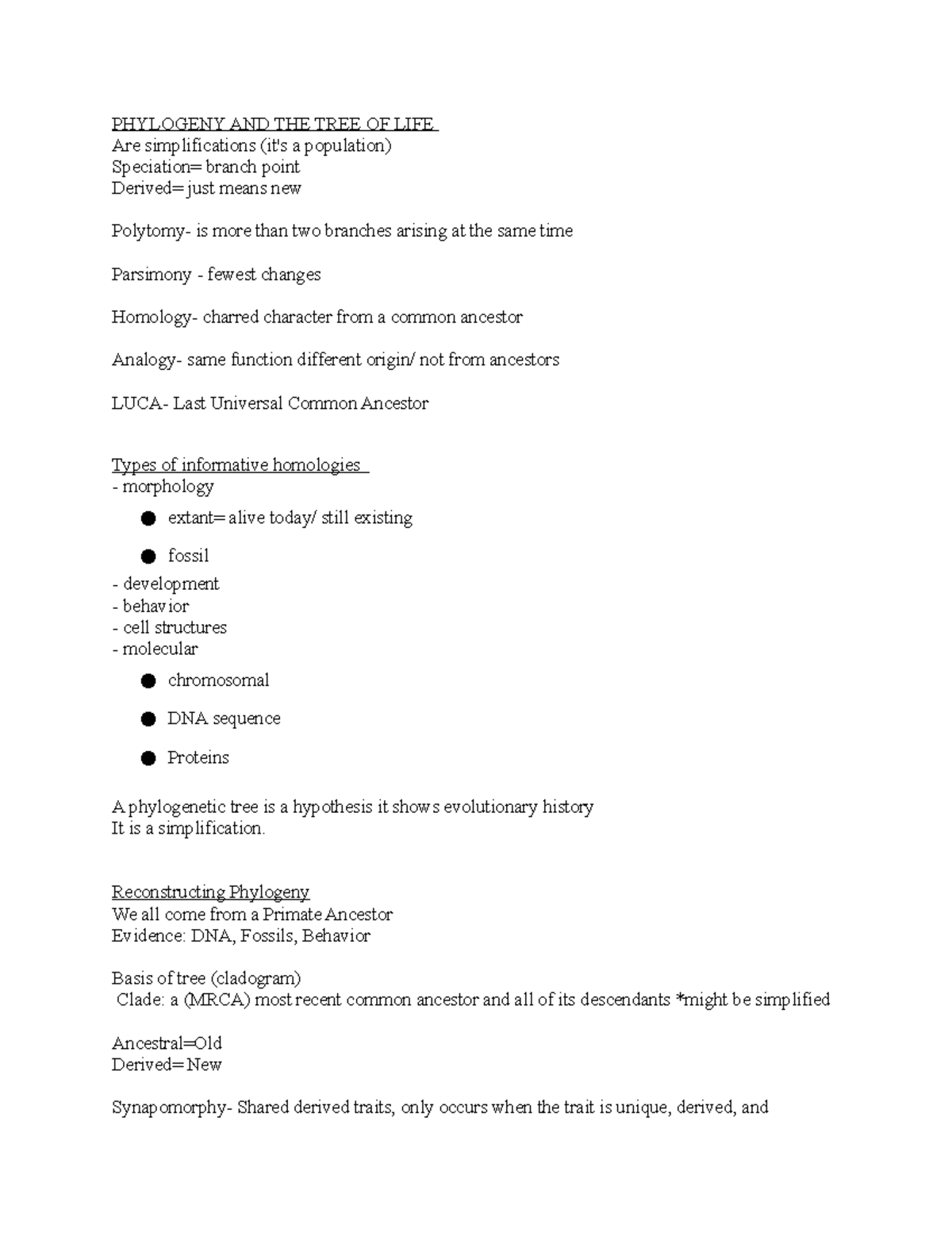 Bio 2 Notes - PHYLOGENY AND THE TREE OF LIFE Are simplifications (it's ...