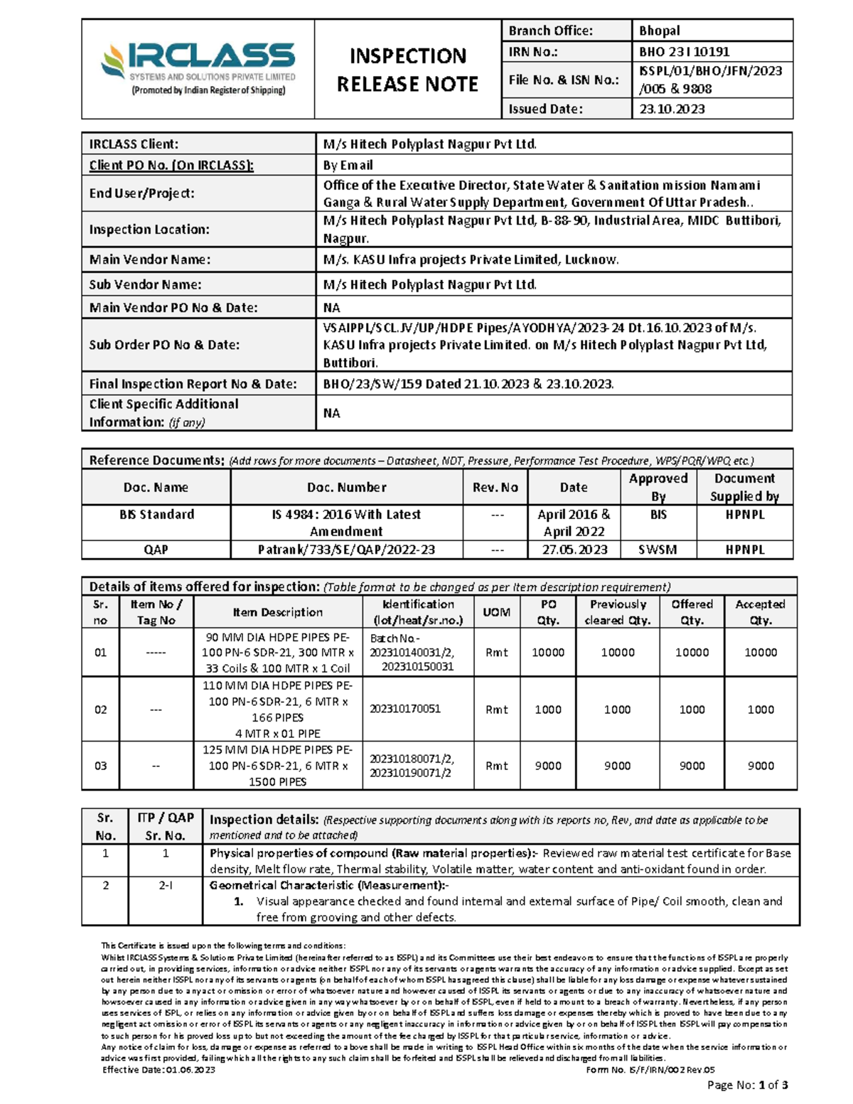 Practice material - INSPECTION RELEASE NOTE Branch Office: Bhopal IRN ...