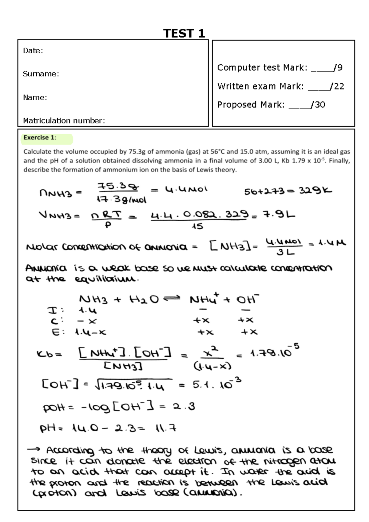 practice material - TEST 1 Date: Surname: Name: Matriculation number ...