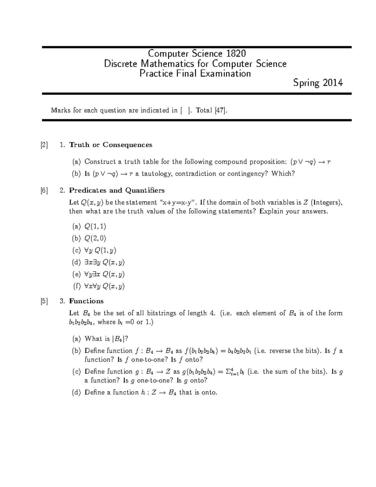 Final exam 17 April 2014, questions - Computer Science 1820 Discrete ...