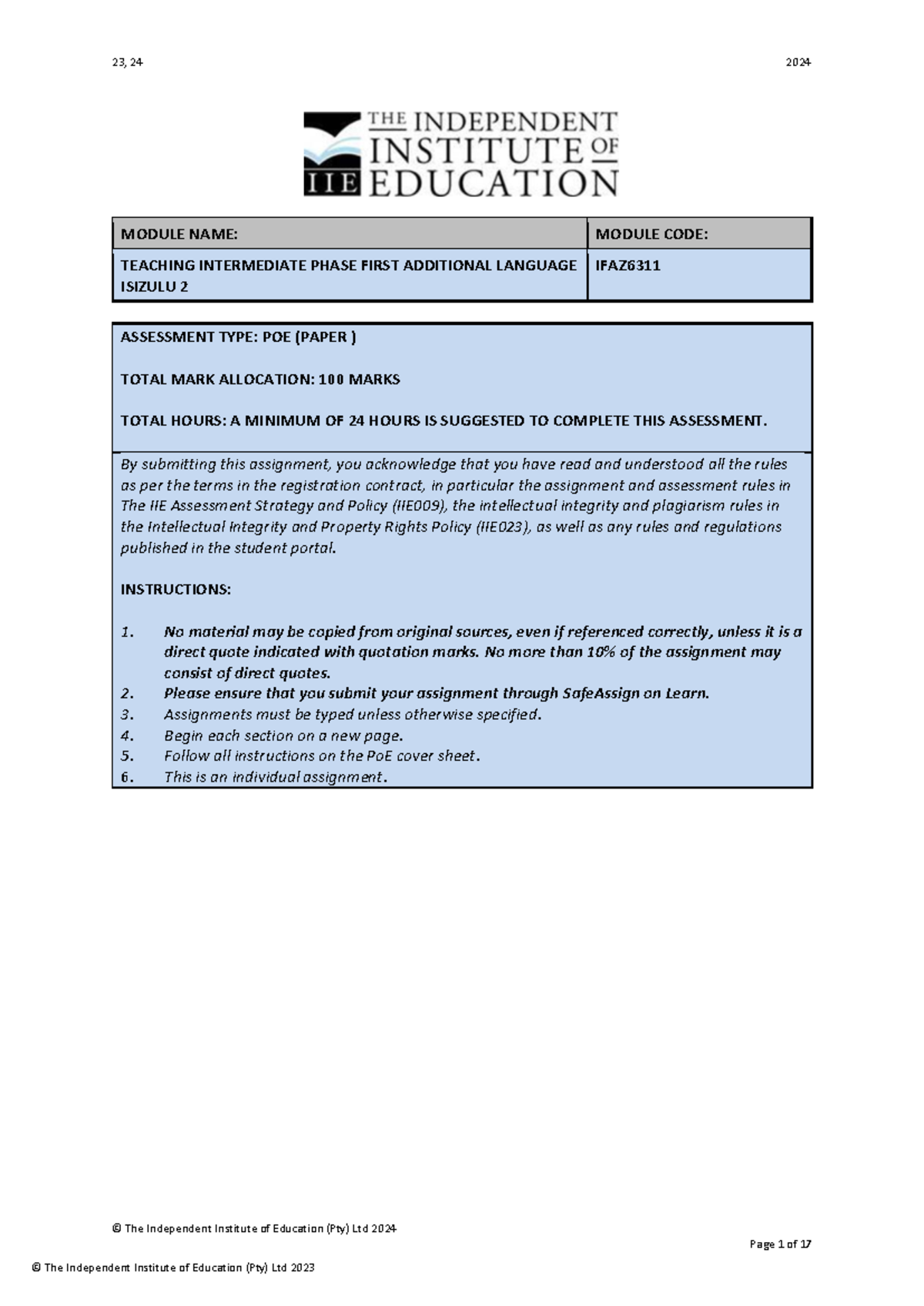 IFAZ6311 Lesson plan Education intermediate phase - © The Independent ...