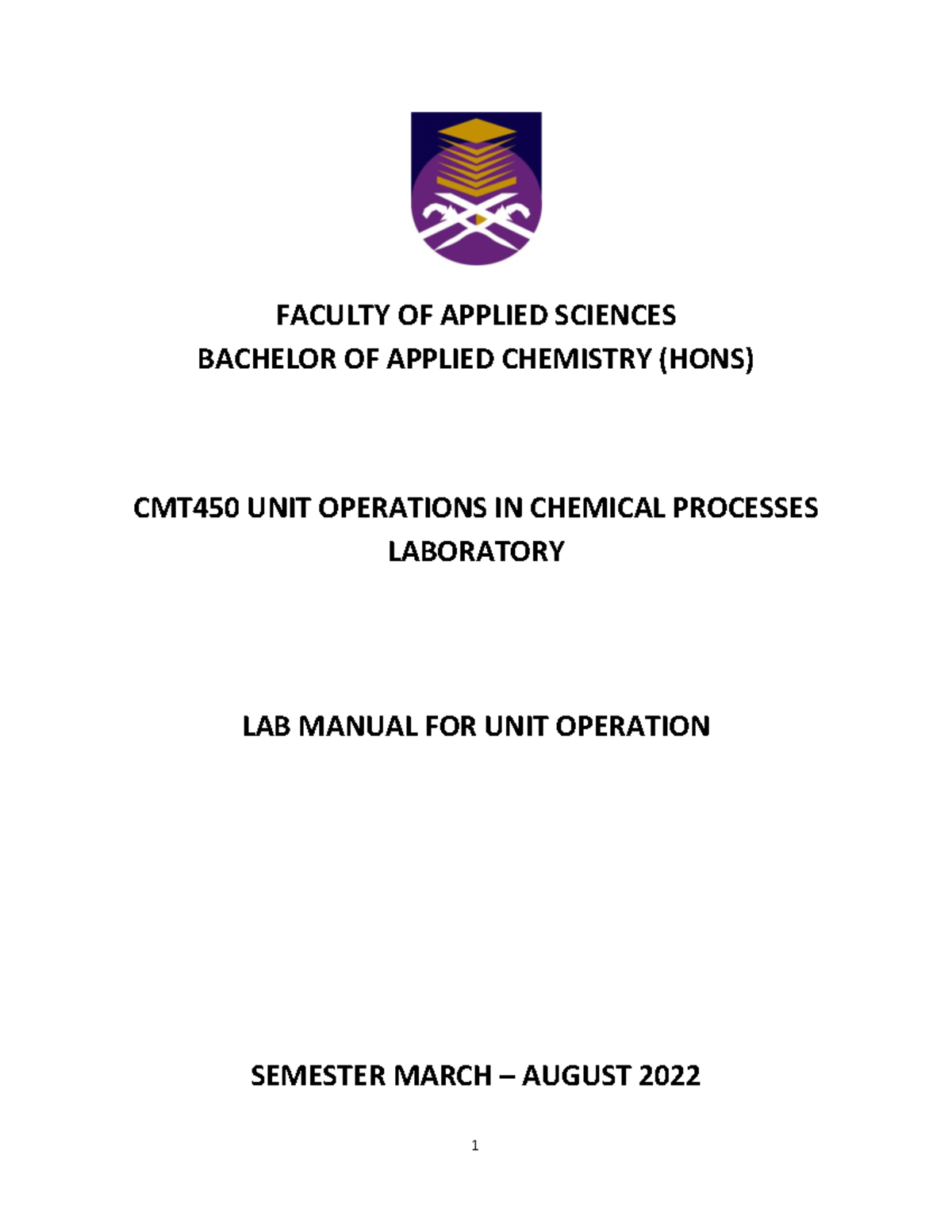 Manual lab Unit Operation - FACULTY OF APPLIED SCIENCES BACHELOR OF ...