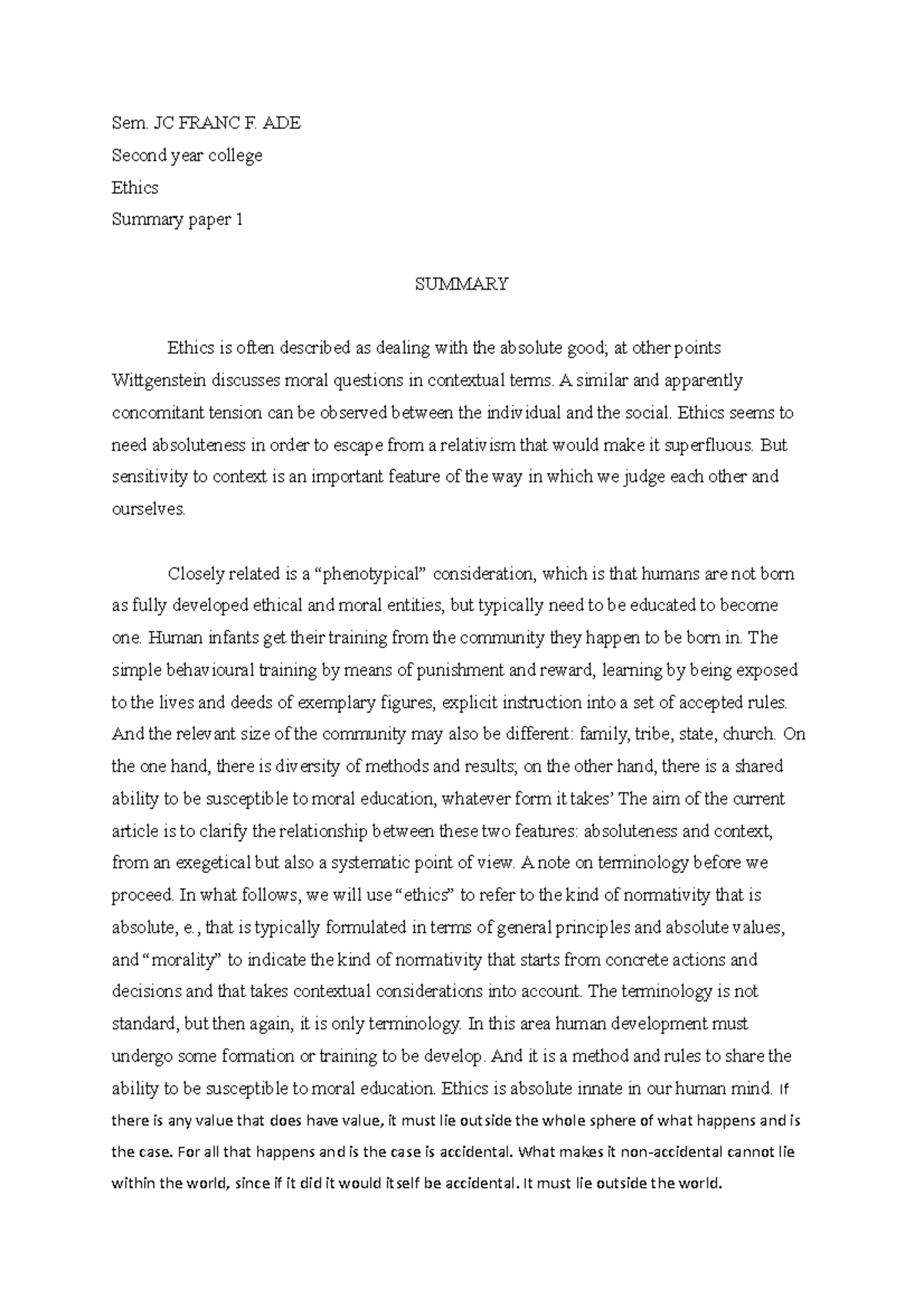 ethics: on morality of man in connection to the society - Sem. JC FRANC ...