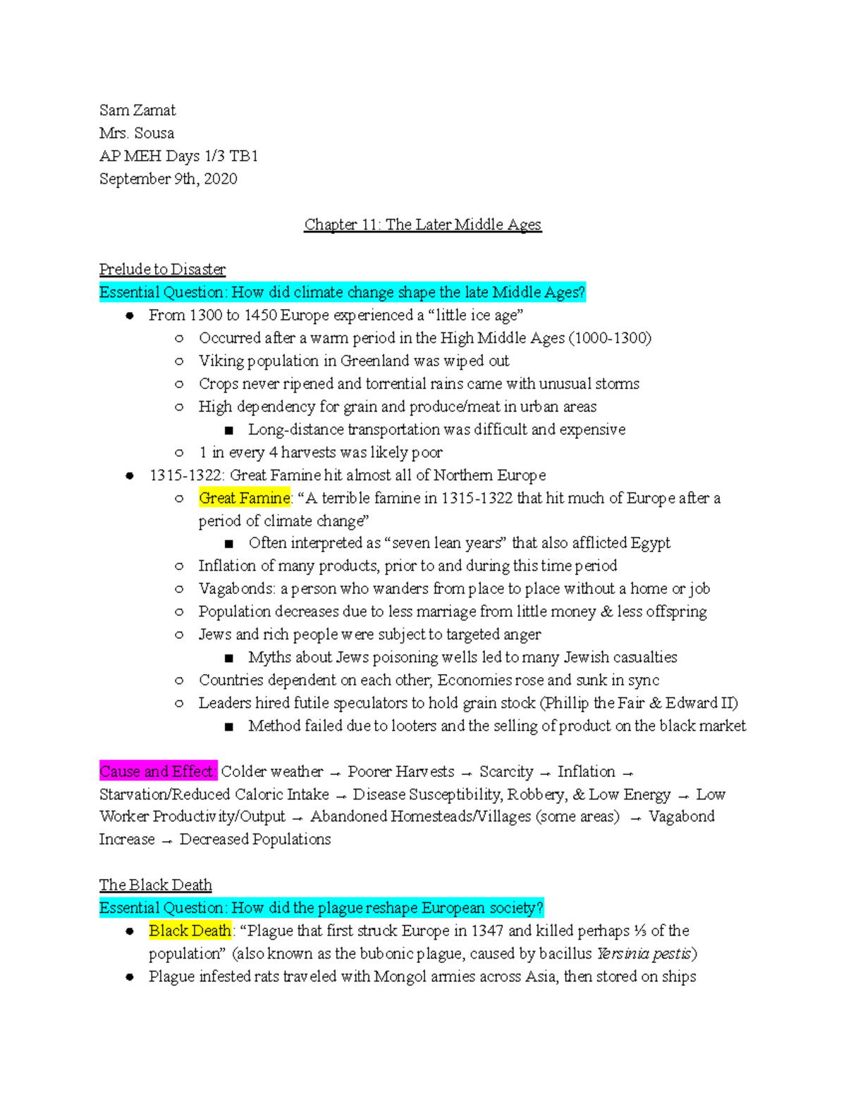 AP Euro - Chapter 11 - The Later Middle Ages - Sam Zamat Mrs. Sousa AP ...