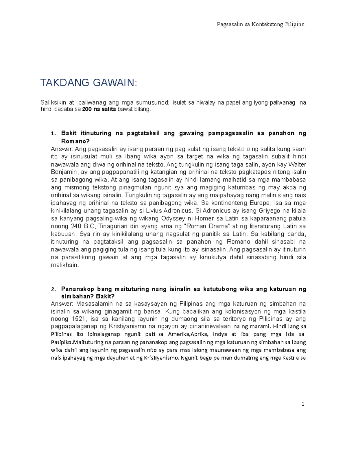 Takdang aralin.pahina 39 - Pagsasalin sa Kontekstong Filipino TAKDANG ...